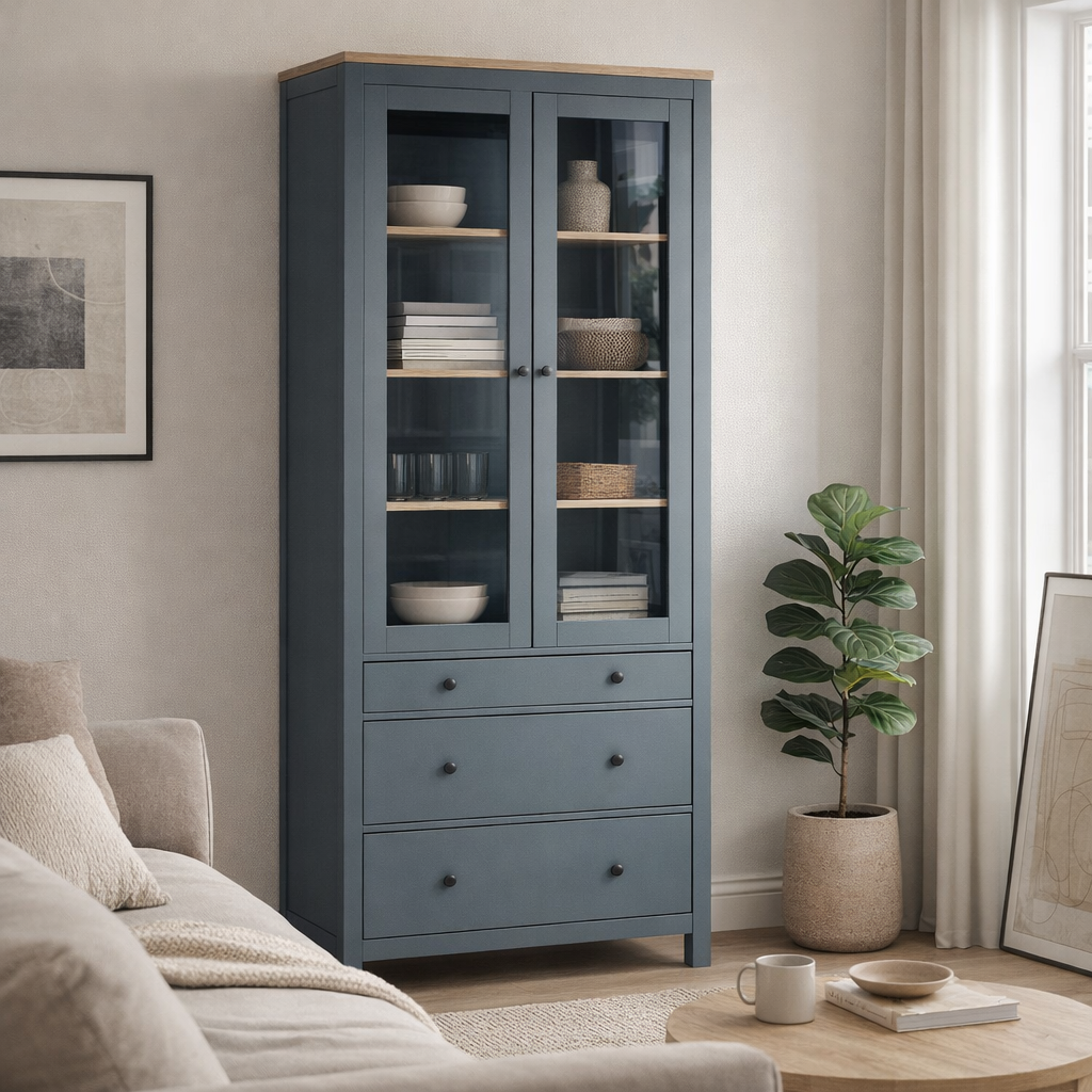 Шкаф икеа Сага, с витриной, темно-бирюзовый, ясень, 90x41x215см