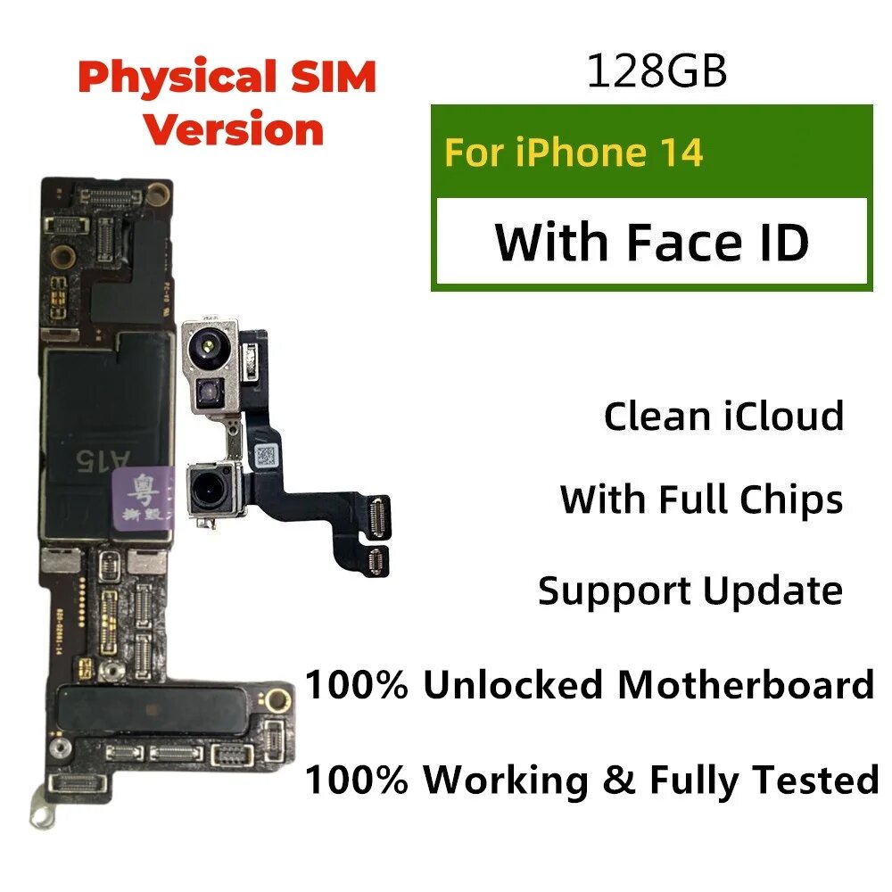 Полностью протестирована для материнской платы iPhone 14, чистая iCloud, разблокированная материнская плата для iPhone 14 128 ГБ/256 ГБ с логической платой Face ID SIM 128G Face ID