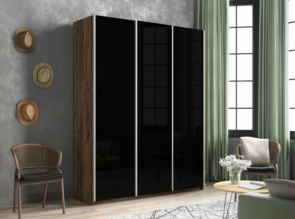 Шкаф-купе Билли 3-х дверный, (Стекло черн.) 180х57х230 см. Крафт табачный
