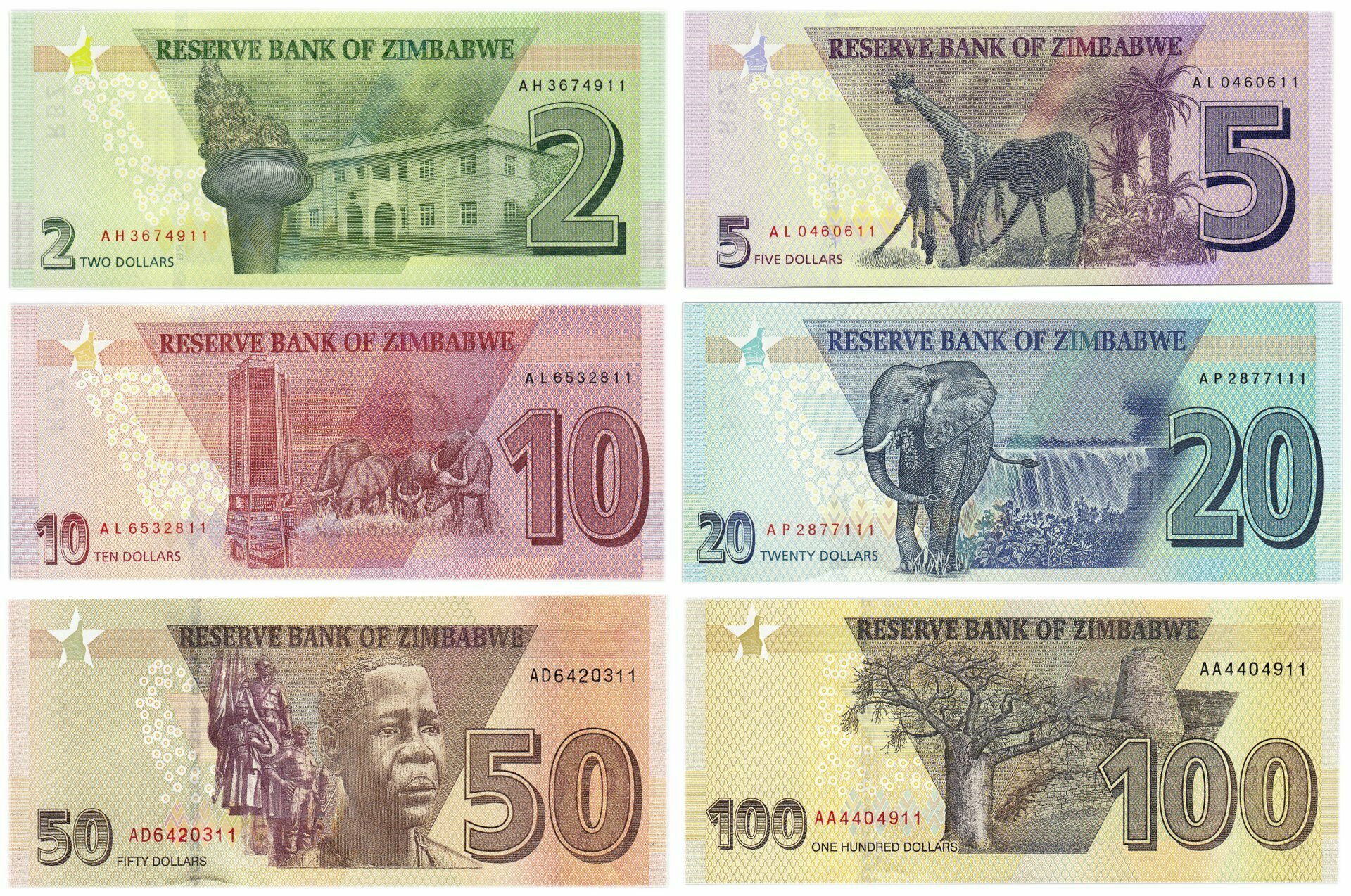 Зимбабве - полный набор 2 + 5 + 10 + 20 + 50 + 100 долларов 2019-2022 фауна гибрид