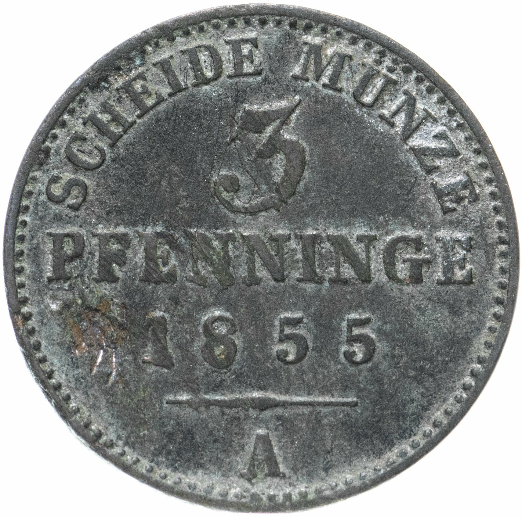 Пруссия 3 пфеннига pfenninge 1855 A, отметка монетного двора: "A" - Берлин, Медь, в сохранности VF