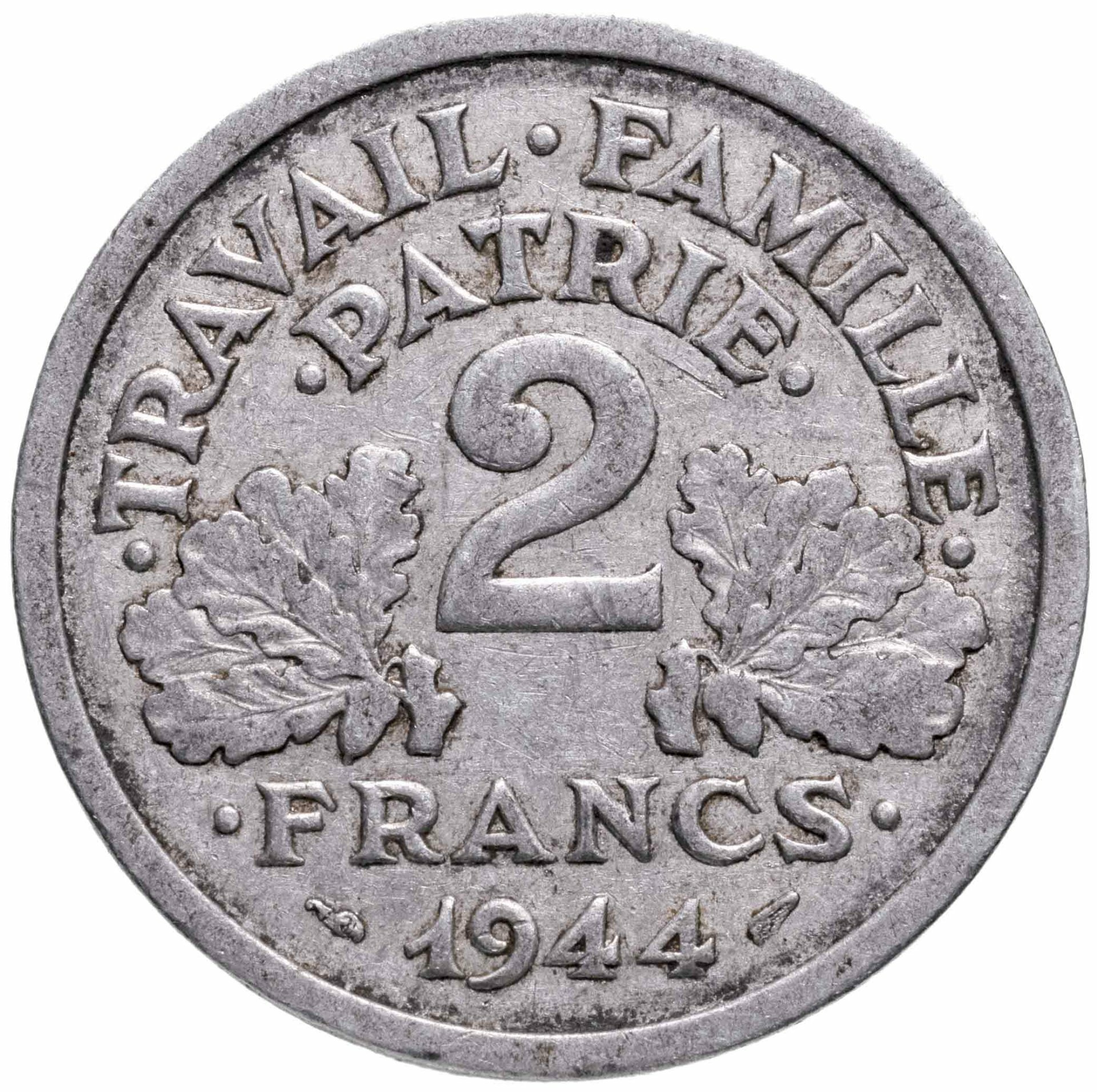 Франция 2 франка francs 1944, Алюминий, в сохранности VF