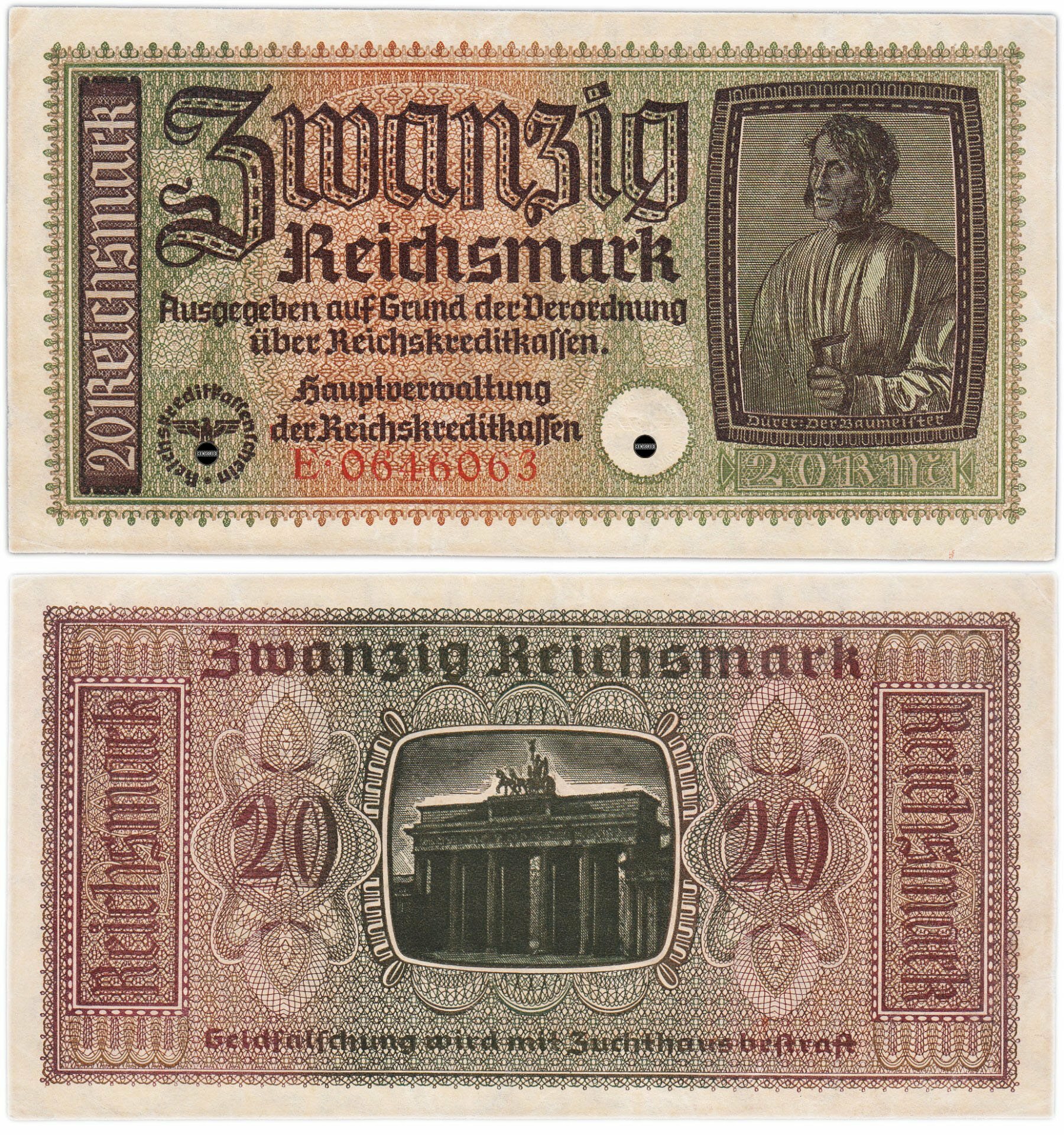 Германия 20 рейхсмарок 1940-1945 Немецкие оккупационные территории