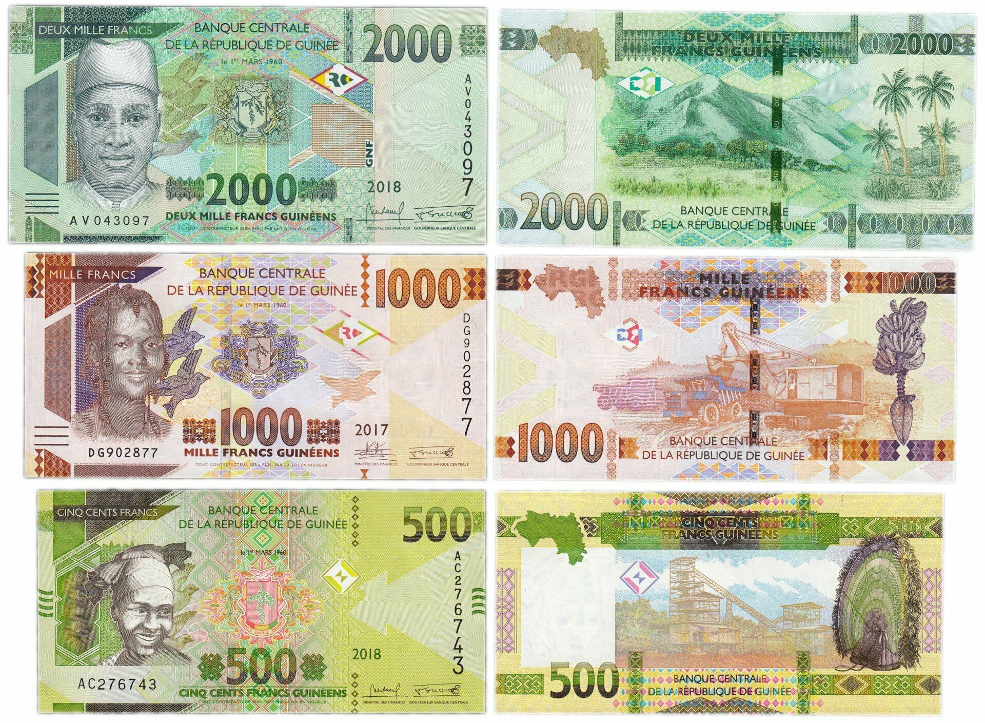 Гвинея - набор 3 банкноты - 500, 1000, 2000 франков 2017 - 2018 год Pick 48а, 48А, 52