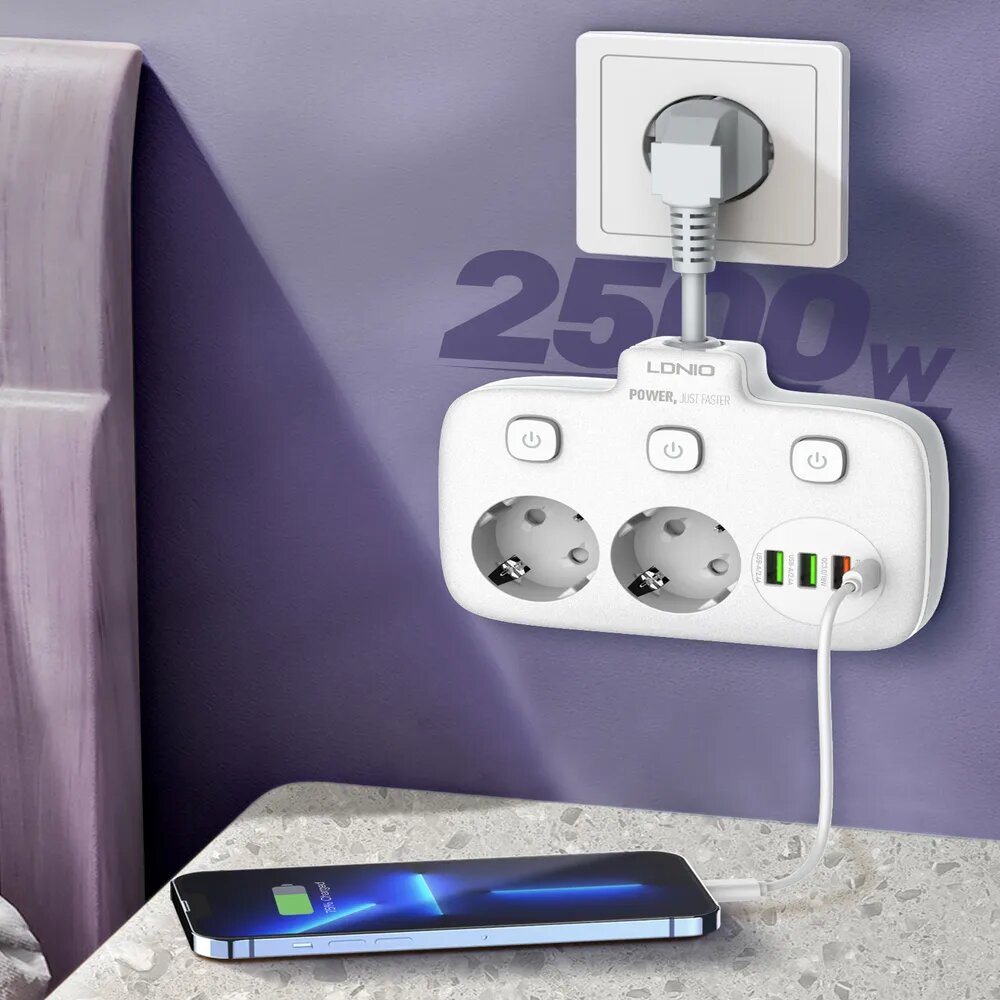 Розетка LDNIO сетевой удлинитель с выключателем и 3 USB портами, белый