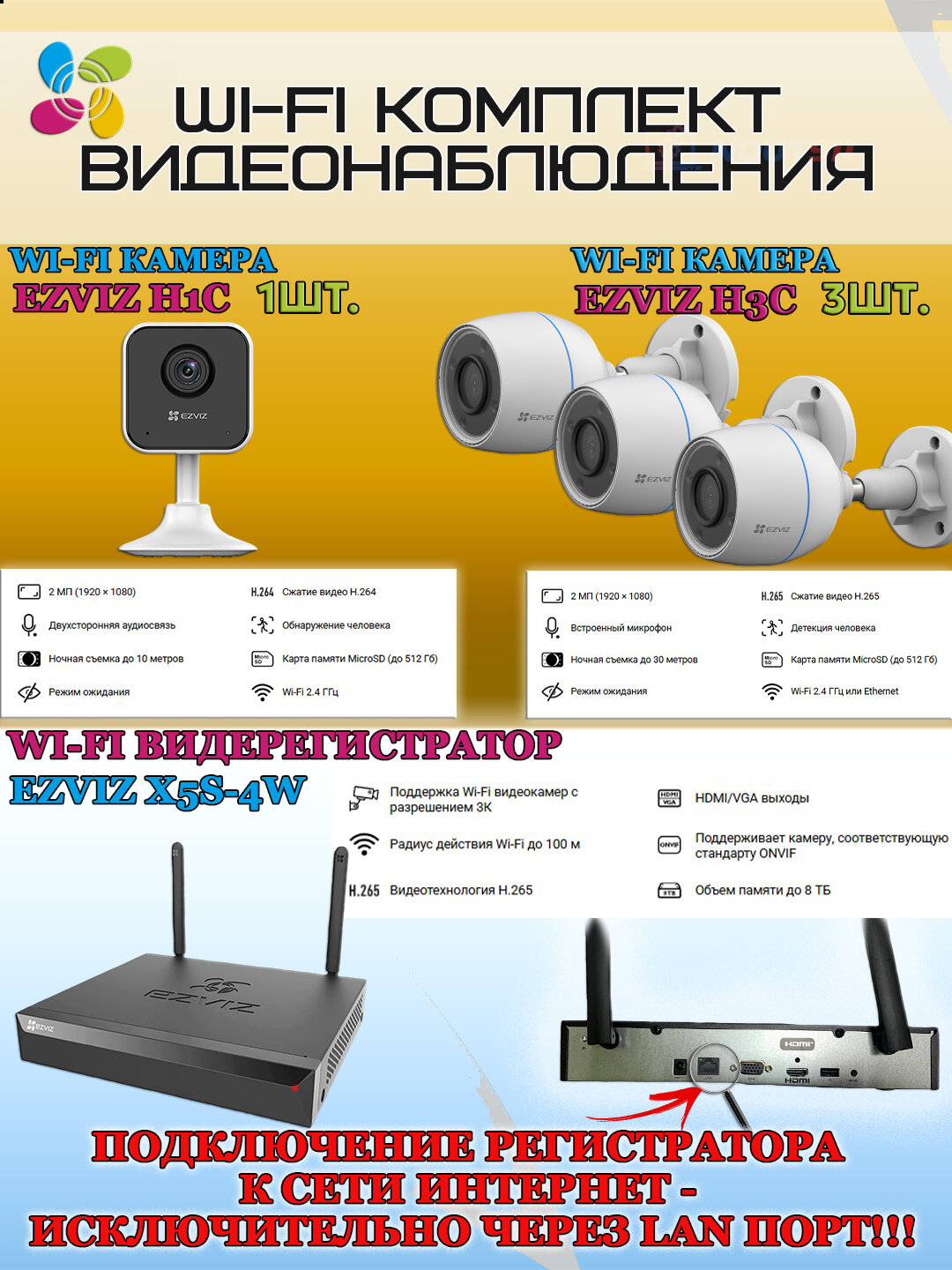 Wi-Fi Комплект видеонаблюдения EZVIZ на 4 видеокамеры - 2Мп 1080P (3хCS-H3c + 1хCS-H1c + CS-X5S-4W) IP67, Двусторонняя аудиосвязь, ИК-подсветка до 30м, угол 125гр, H.265