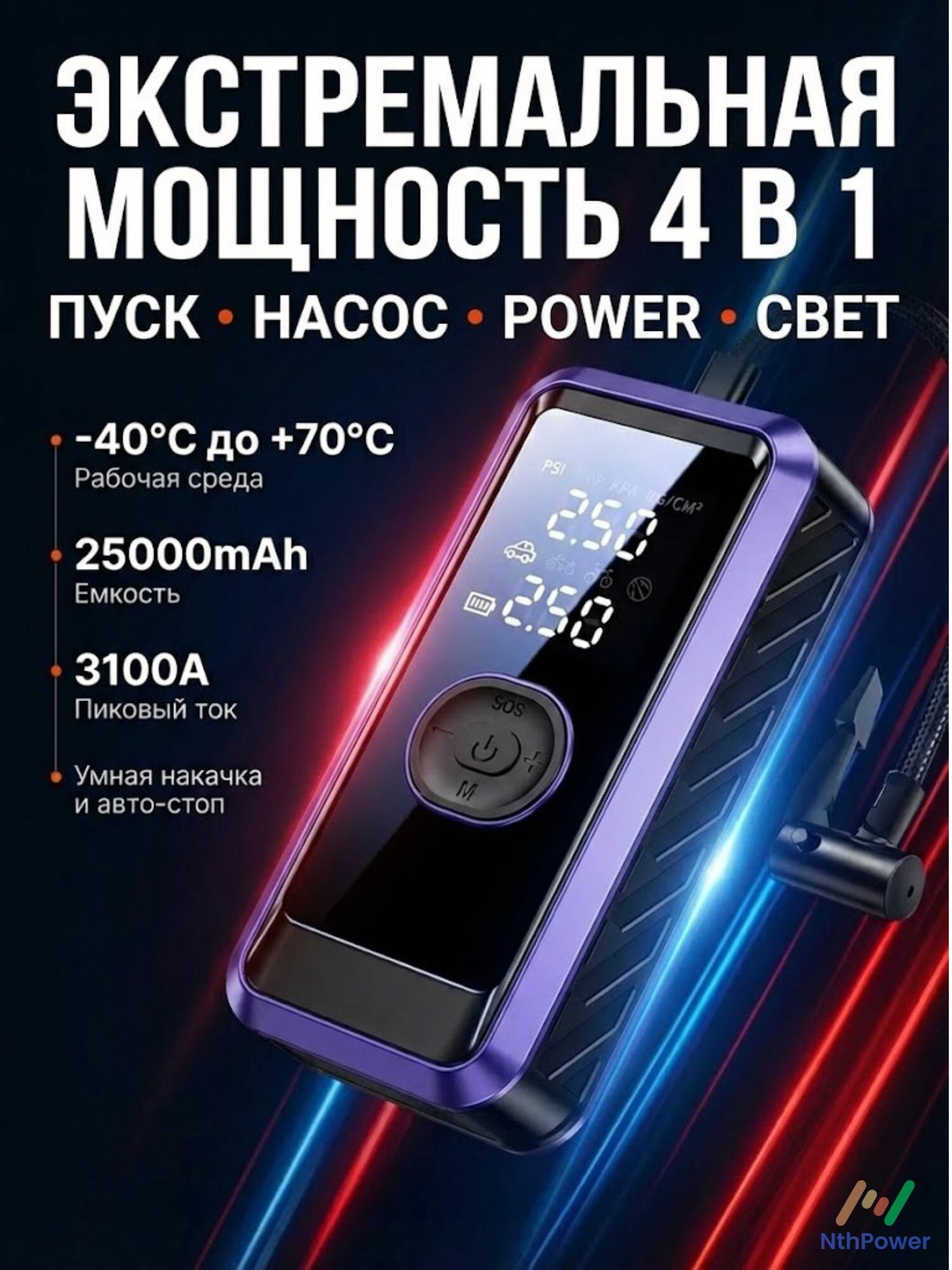 Аварийный мультитул 4 в 1 для автомобиля: пуск двигателя, компрессор, power bank и фонарь