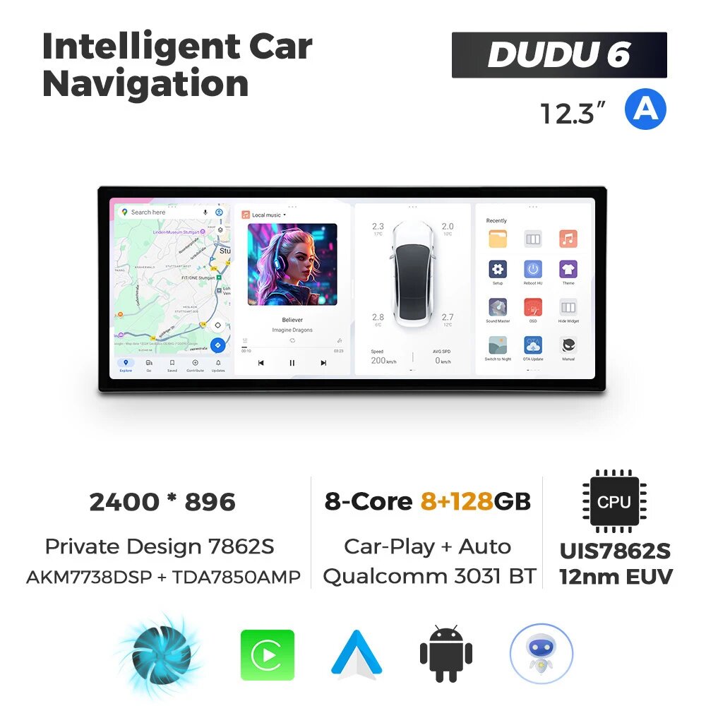 DUDU 6 12.3" Android автомагнитола Carplay, A, 8+128Гб