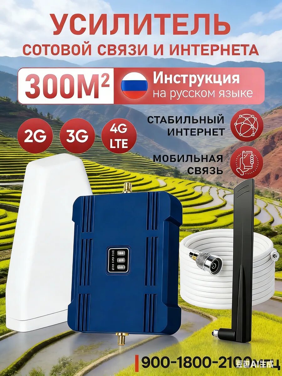 Усилитель сотовой связи 900/1800/2100 МГц (2G/3G/4G): до 70 км, направленный, синий, 1.3 кг