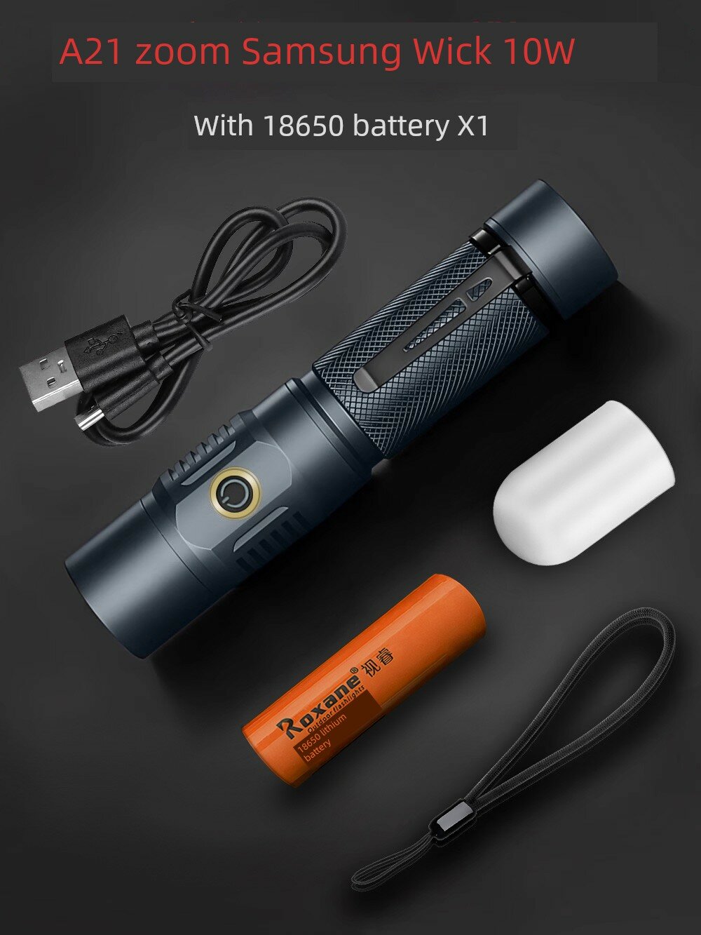 Zoom LED Фонарь с 10 Вт светодиодом Samsung, батарея 18650 (1 шт), неперезаряжаемый, компактный фонарь для телефона