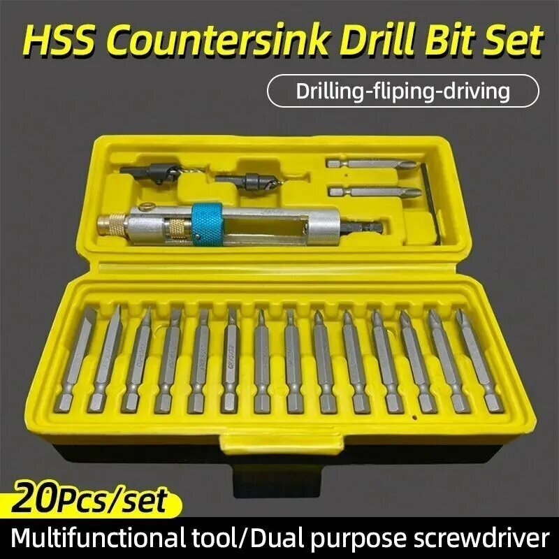 Набор бит, сверл и насадка-твистер на шуруповерт, шестигранный хвостовик, в желтой пластиковой коробке.