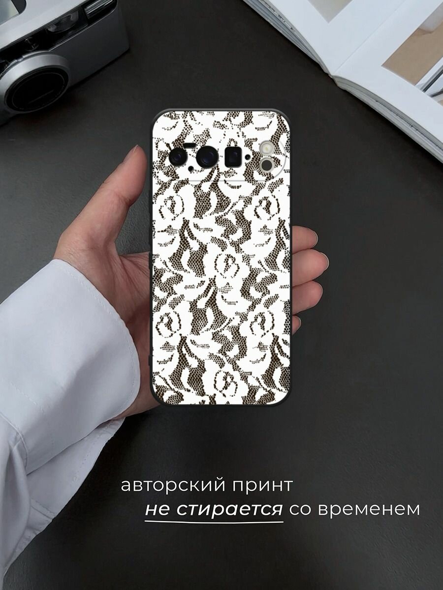 Черный матовый чехол на Google Pixel 10 Pro / Гугл Пиксель 10 Про с принтом Белые кружева цветов — фото 1