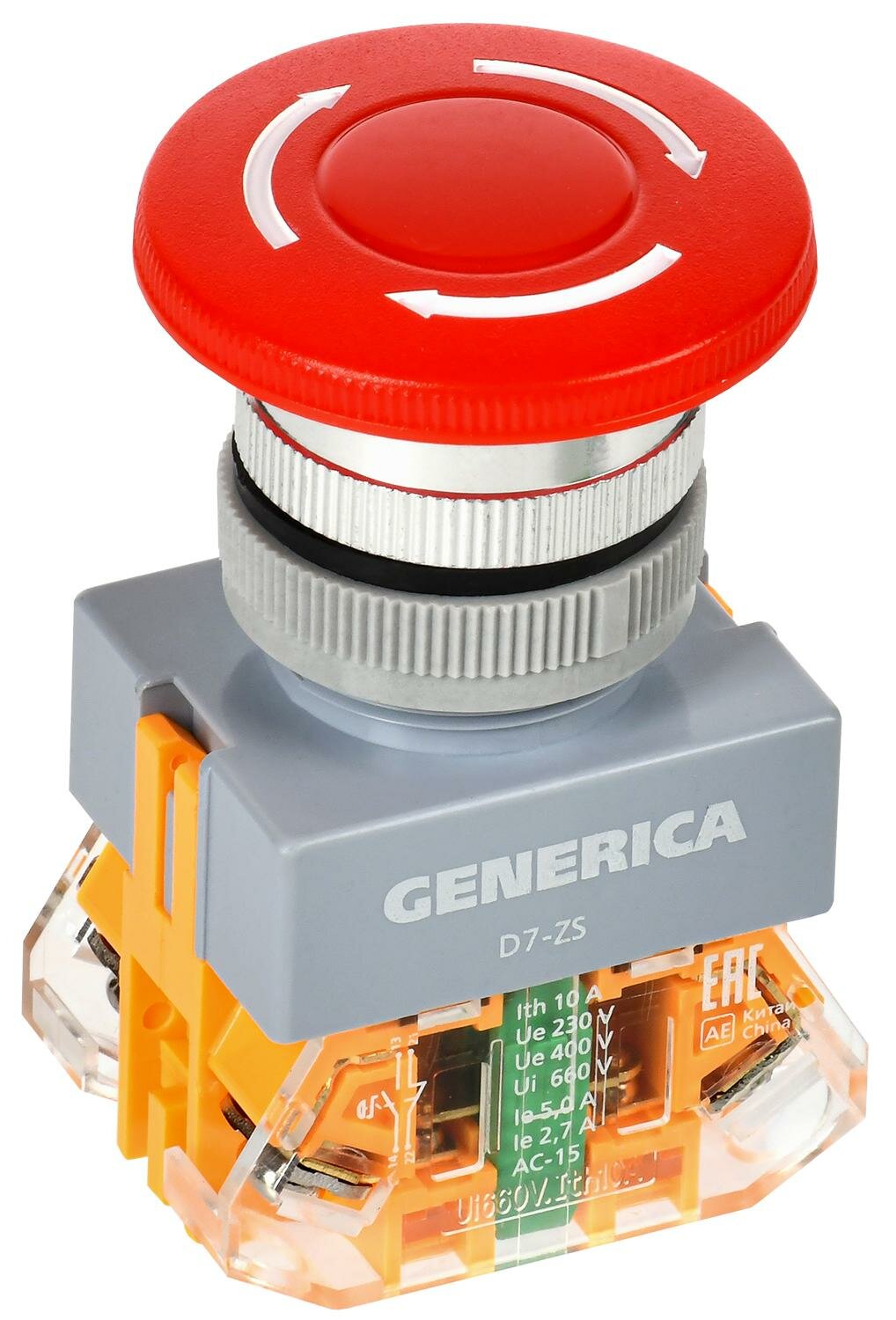 Кнопка IEK D7-ZS, тип грибок, диаметр 22 мм, 1з+1р, поворотная с фиксирующим кольцом