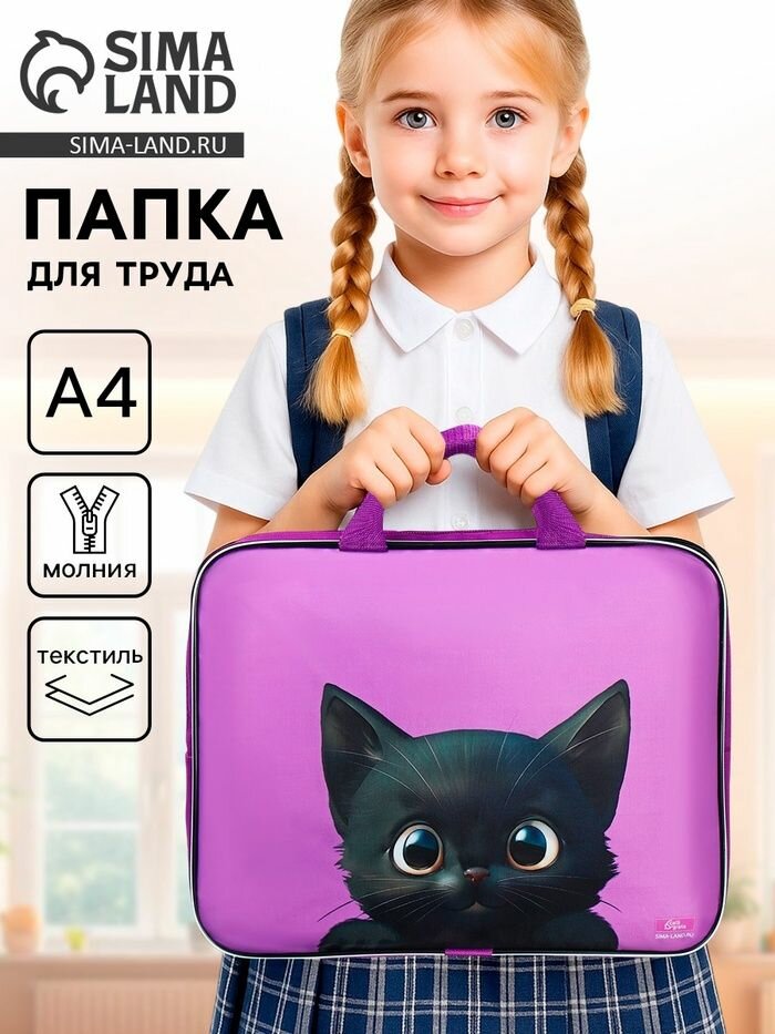 Папка для труда Calligrata "Котик черный", А4, текстильная, 35х27х7 см