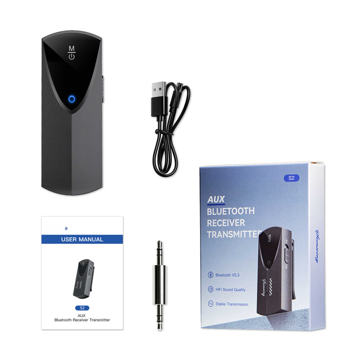 Приемник и передатчик Bluetooth V5.3 S2 AUX, Plug-and-Play, прием/передача в одном, автомобильный безручной усилитель, материал ABS, дальность передачи 10м, емкость батареи 130mAh, вес 13г, размеры 59x23x16mm