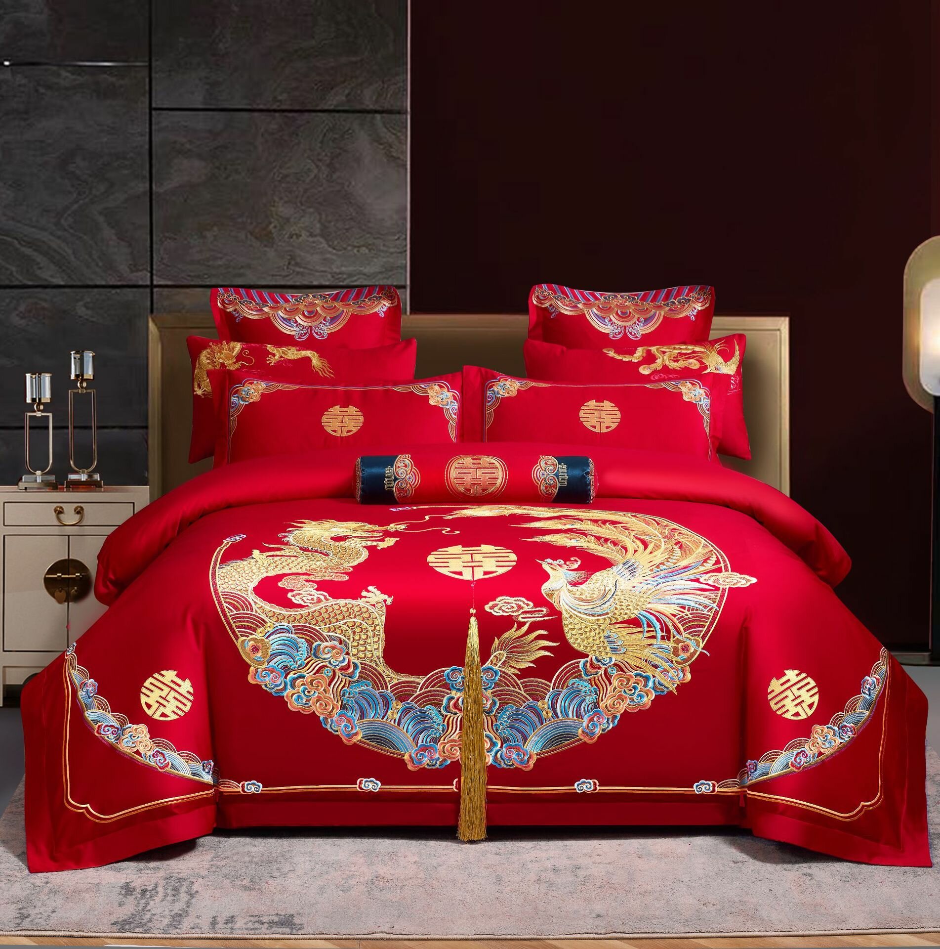 Новый китайский стиль, свадебный комплект из четырех предметов из 100% хлопка, ярко-красный, длинноволокнистый хлопок, вышивка дракона и феникса, высококачественное домашнее текстильное постельное белье