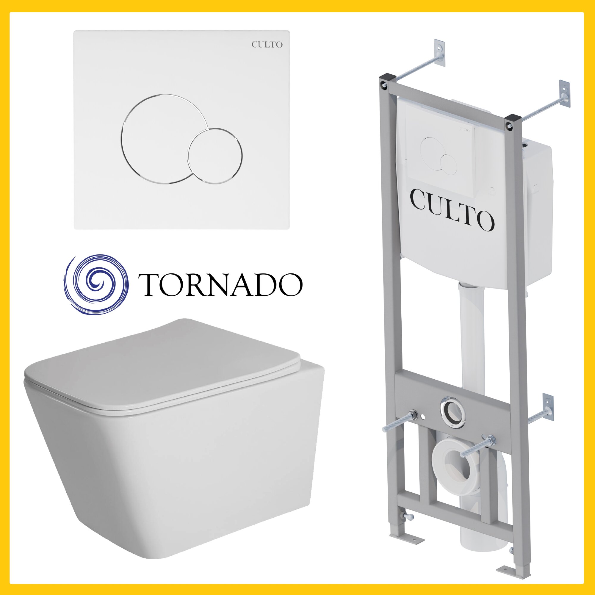 Инсталляция с подвесным унитазом CULTO ESTE 2.0. Система смыва Торнадо. Комплект: подвесной безободковый унитаз, инсталляция, клавиша смыва белая круглая