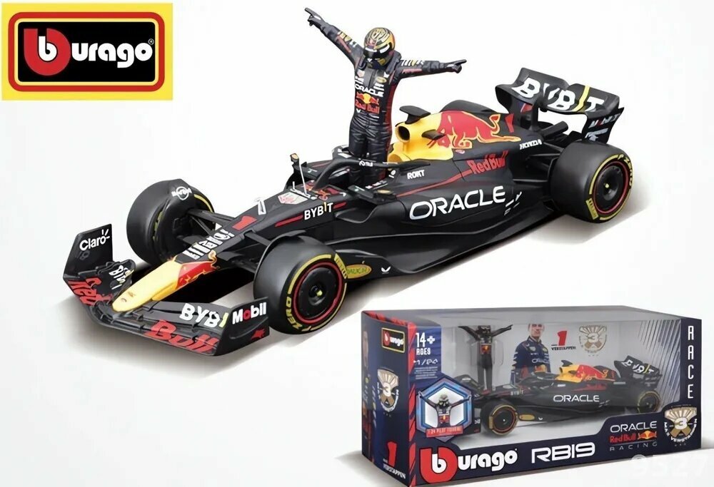 Эксклюзивная коллекционная модель болида Red Bull RB19 от Bburago в масштабе 1:24 с фигуркой гонщика Макса Ферстаппена, чемпиона Формулы1 сезона 2023, длина изделия составляет 24 сантиметра.