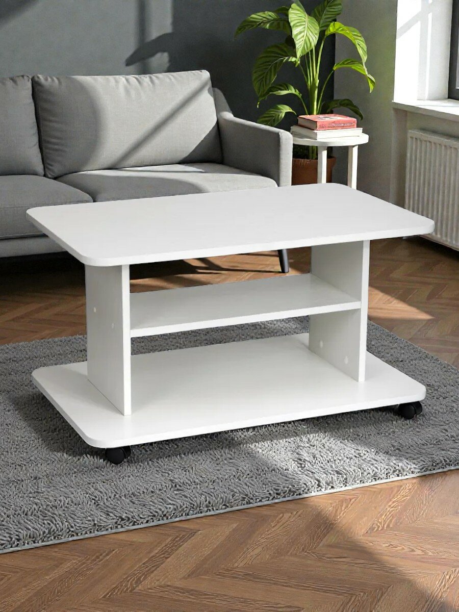 Стол журнальный K-home "СЭМ-2", подкатной, на колёсиках, современный стиль, белый