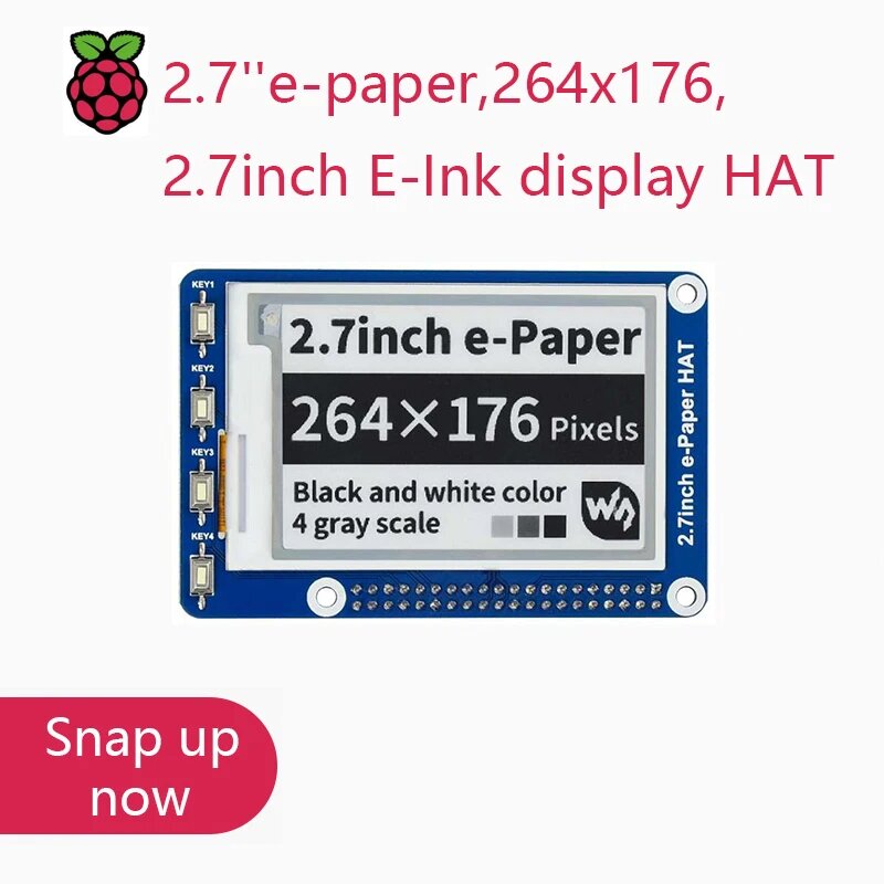 Электронная бумага Waveshare 2,7 дюйма, 264x176, 2,7-дюймовый дисплей E-Ink HAT для Raspberry Pi 2B/3B/Zero/Zero W, цвет: черный, белый, интерфейс SPI