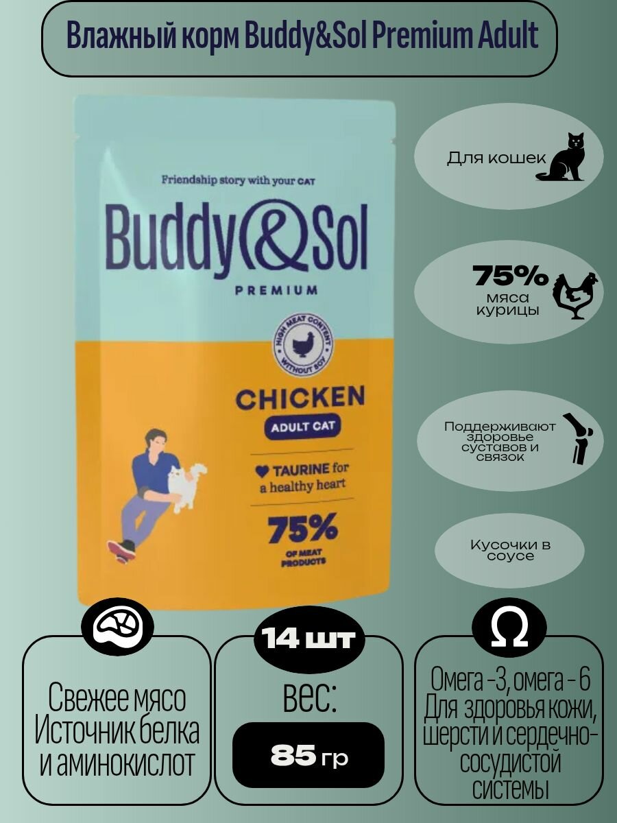 Buddy&Sol Полнорационный влажный корм премиум-класса для взрослых кошек, курица в соусе 85гр (комплект из 14 пачек)