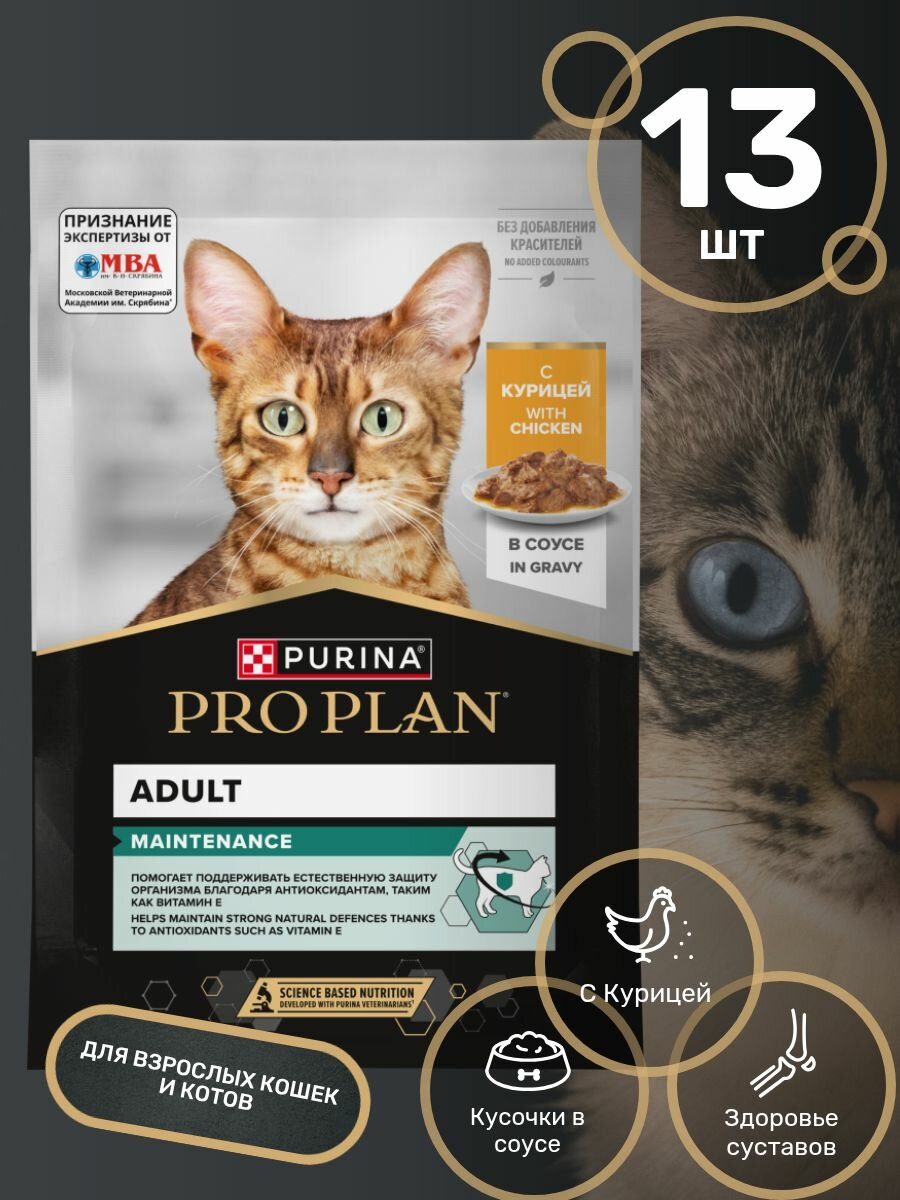 Влажный корм PRO PLAN MAINTENANCE для взрослых кошек, с курицей в соусе 85гр (комплект из 13 пачек)