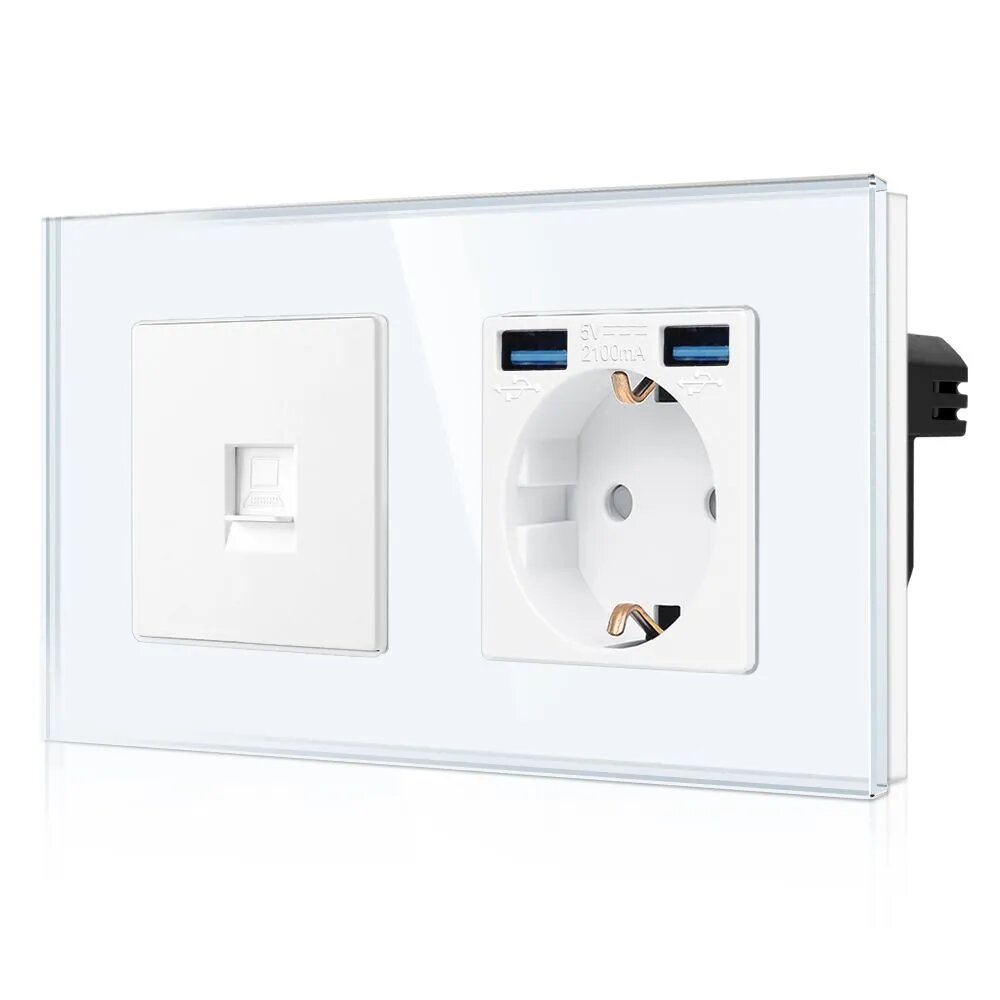 Розетка с USB-портами и интернетом / Rj-45,2 поста, белый Закаленное стекло.