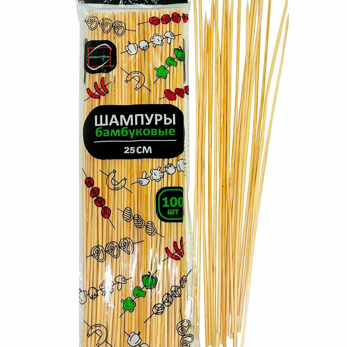 Шпажки-шампуры для шашлыка бамбуковые 25см КонтинентПак, 100шт. (107949)