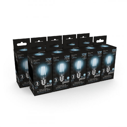 Светодиодная лампа Gauss Filament А60 12W 1250lm 4100К Е27 LED (упак 10шт)