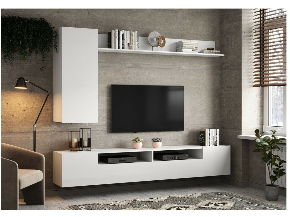 Стенка для гостиной, современная, с фасадом МДФ, Белый / Белый глянец