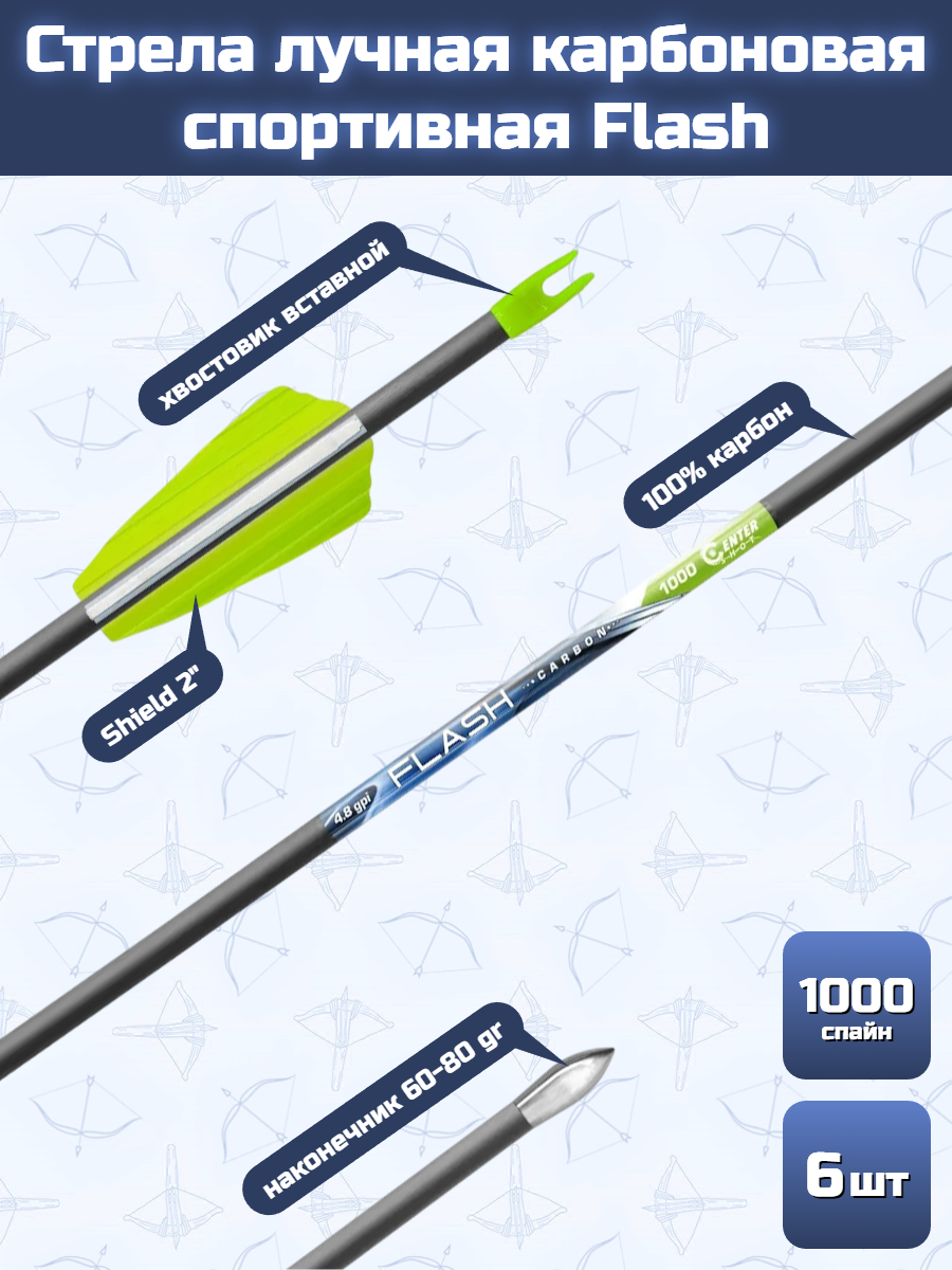 Стрела лучная карбоновая спортивная Centershot Flash 1000 оперение Shield 2" 6 шт. в упаковке