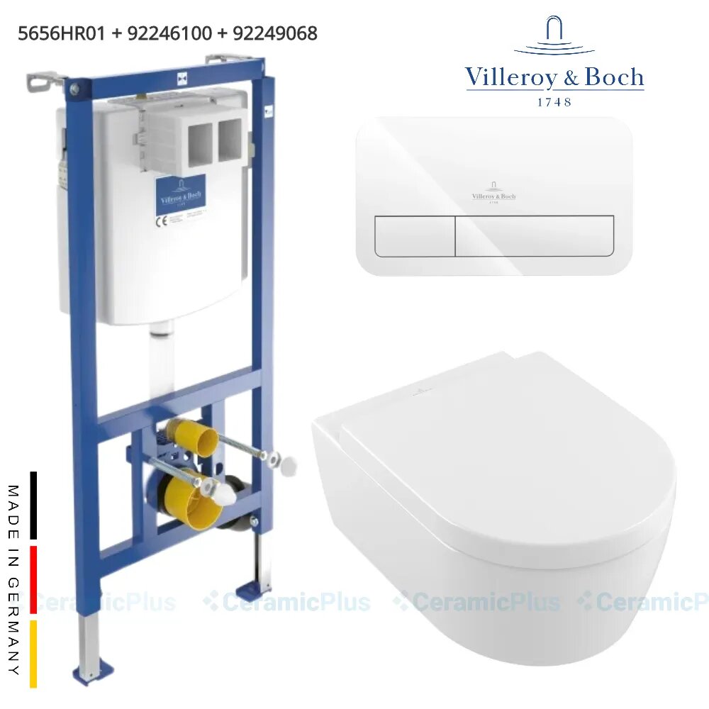 Комплект Villeroy & Boch AVENTO 5656HR01 + 92246100 + 92249068: Унитаз подвесной, Сиденье, Инсталляция, Клавиша белая