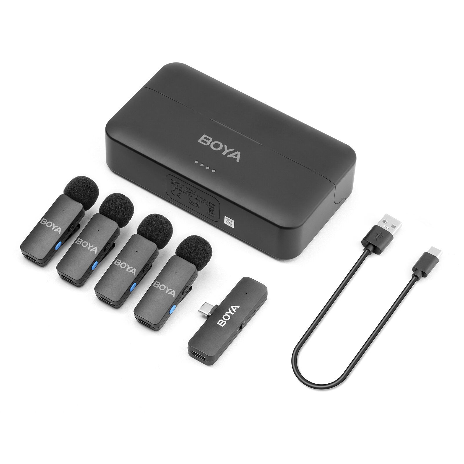 BOYA BY-V4U Система беспроводных микрофоном 4-канальный 2.4G Клип-он микрофон для телефона Всесторонний мини пинцетный микрофон Автоматическое сопряжение Интеллектуальное подавление шума Дальность передачи 200м