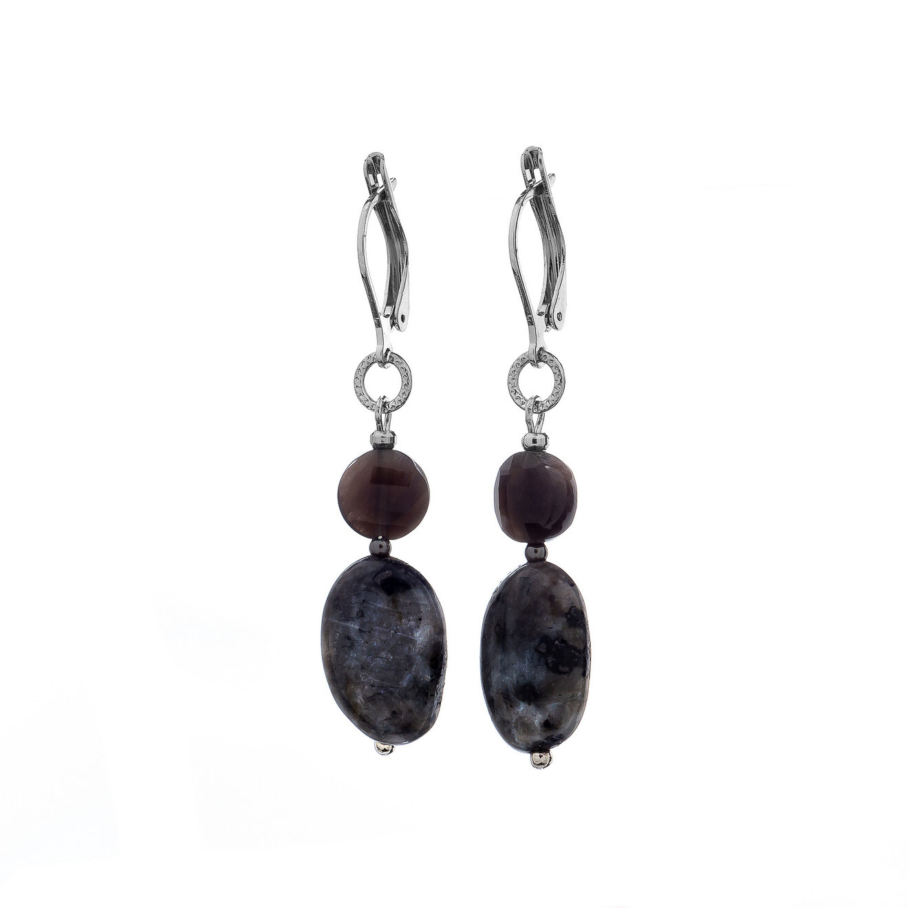 Серьги с подвесками, обсидиан, яшма, перламутр