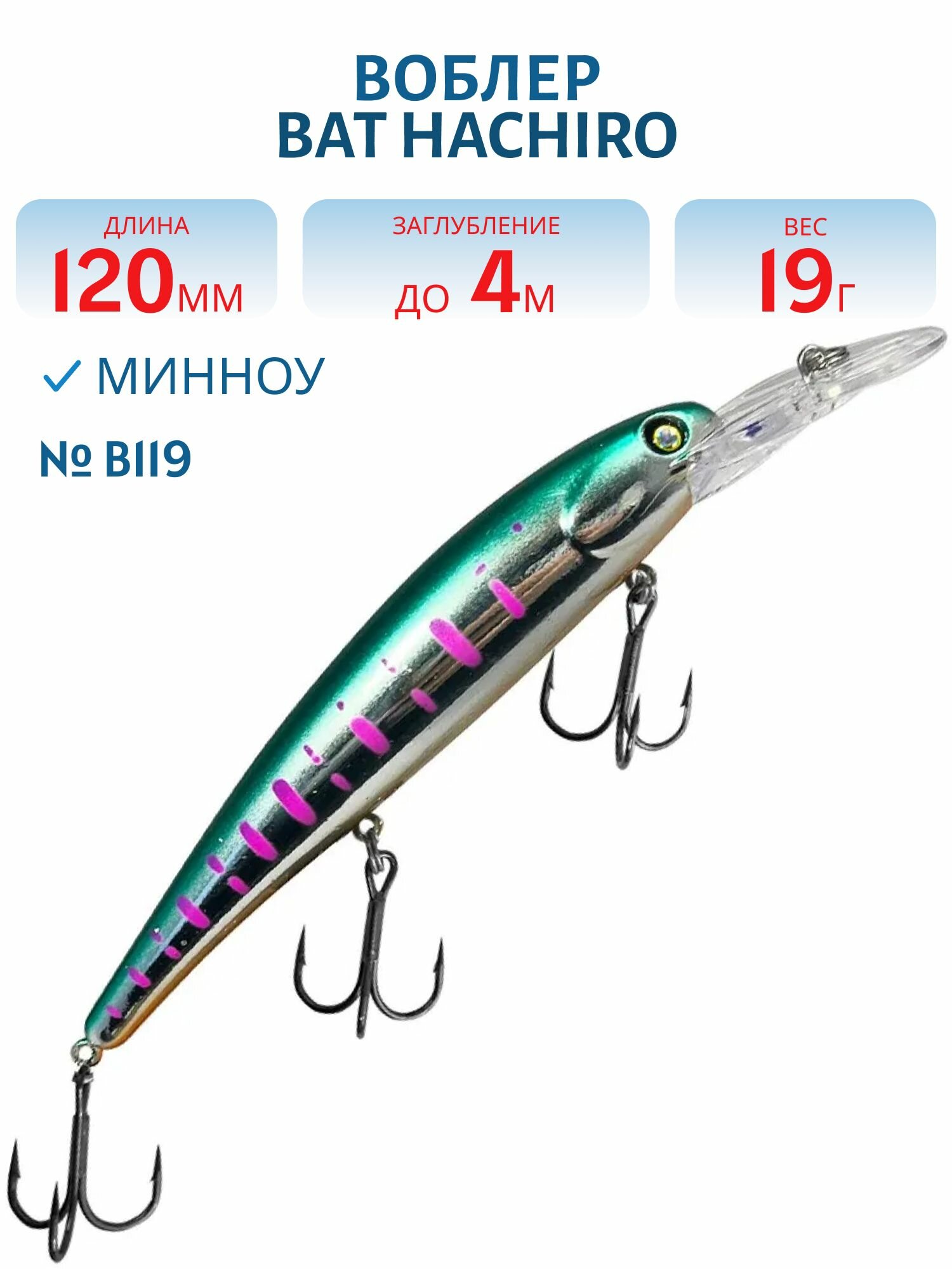 Воблер BAT HACHIRO (V) BT010 120 мм, 19 гр, заглубление 4 м, цвет #B119