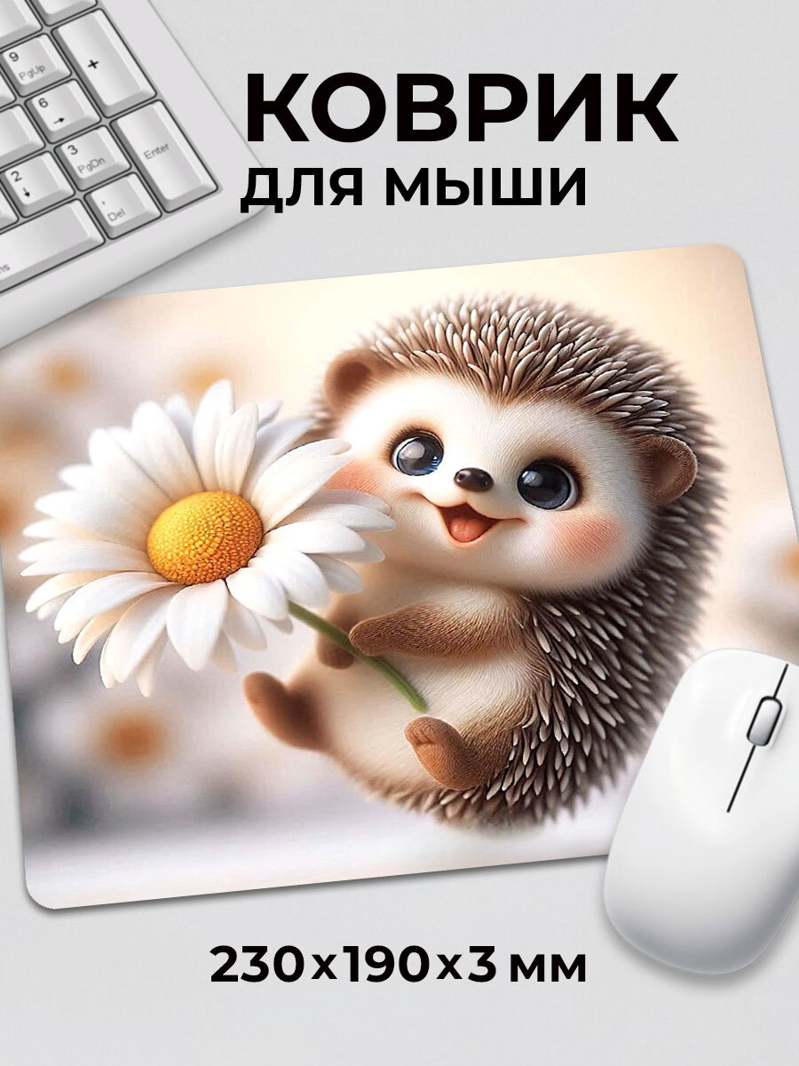 Коврик для мышки ёжик с ромашкой c тканевой поверхностью, на нескользящем резиновом основании 230x190x3 мм