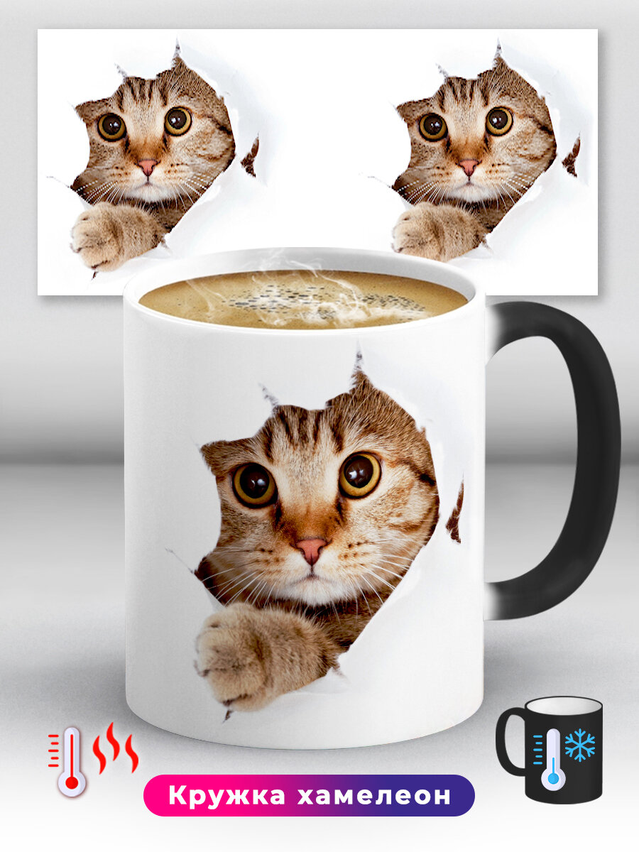Кружка хамелеон Котик выглядывает из дырки