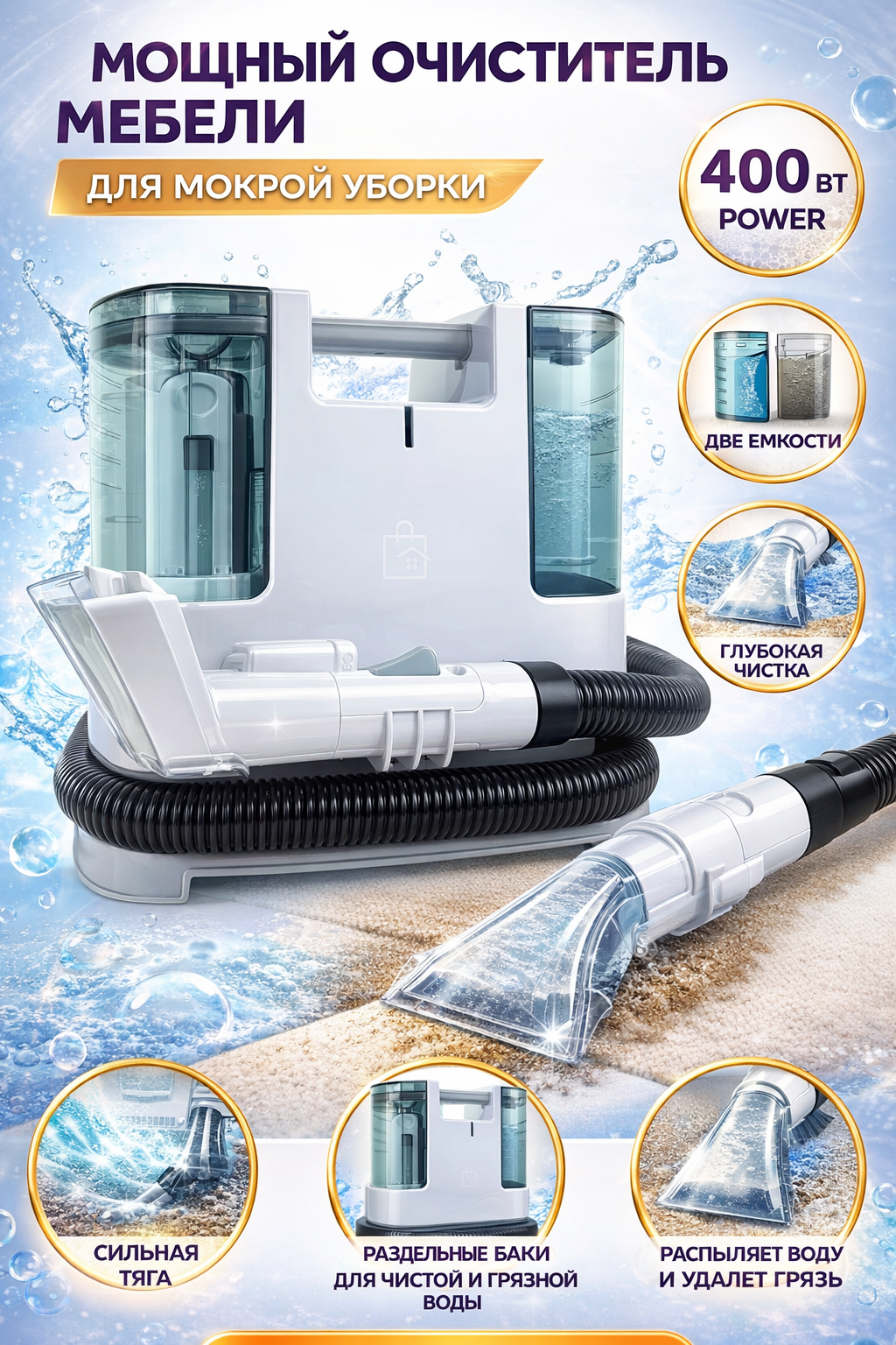Моющий пылесос для химчистки мебели, ковров, салона авто, мощность 400 Вт