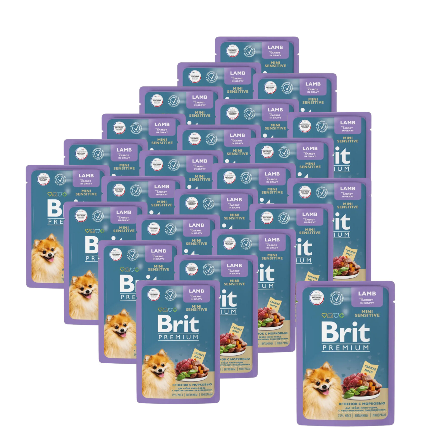 BRIT PREMIUM, Пауч для собак мини пород с чувств. пищеварением, Ягнёнок и морковь в соусе, 85г x 24 шт.