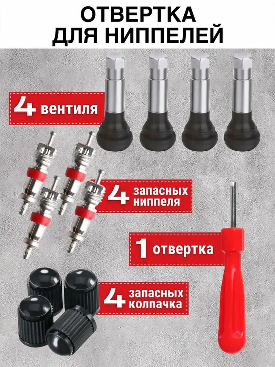 Вентиль для бескамерных шин + ниппель автомобильный + отвертка для ниппелей + колпачки на колеса