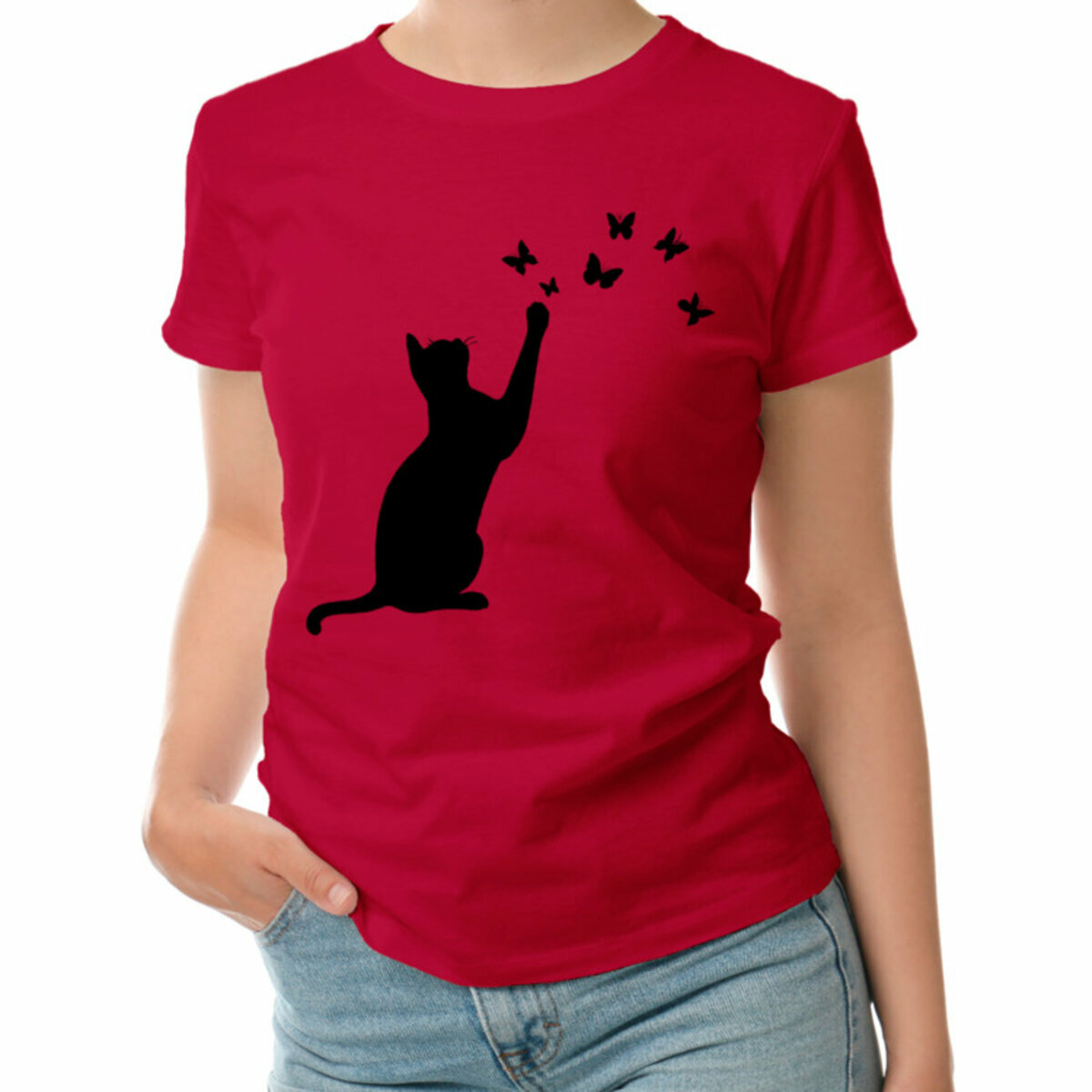Женская футболка «Кошка ловит бабочек» (красный, S)