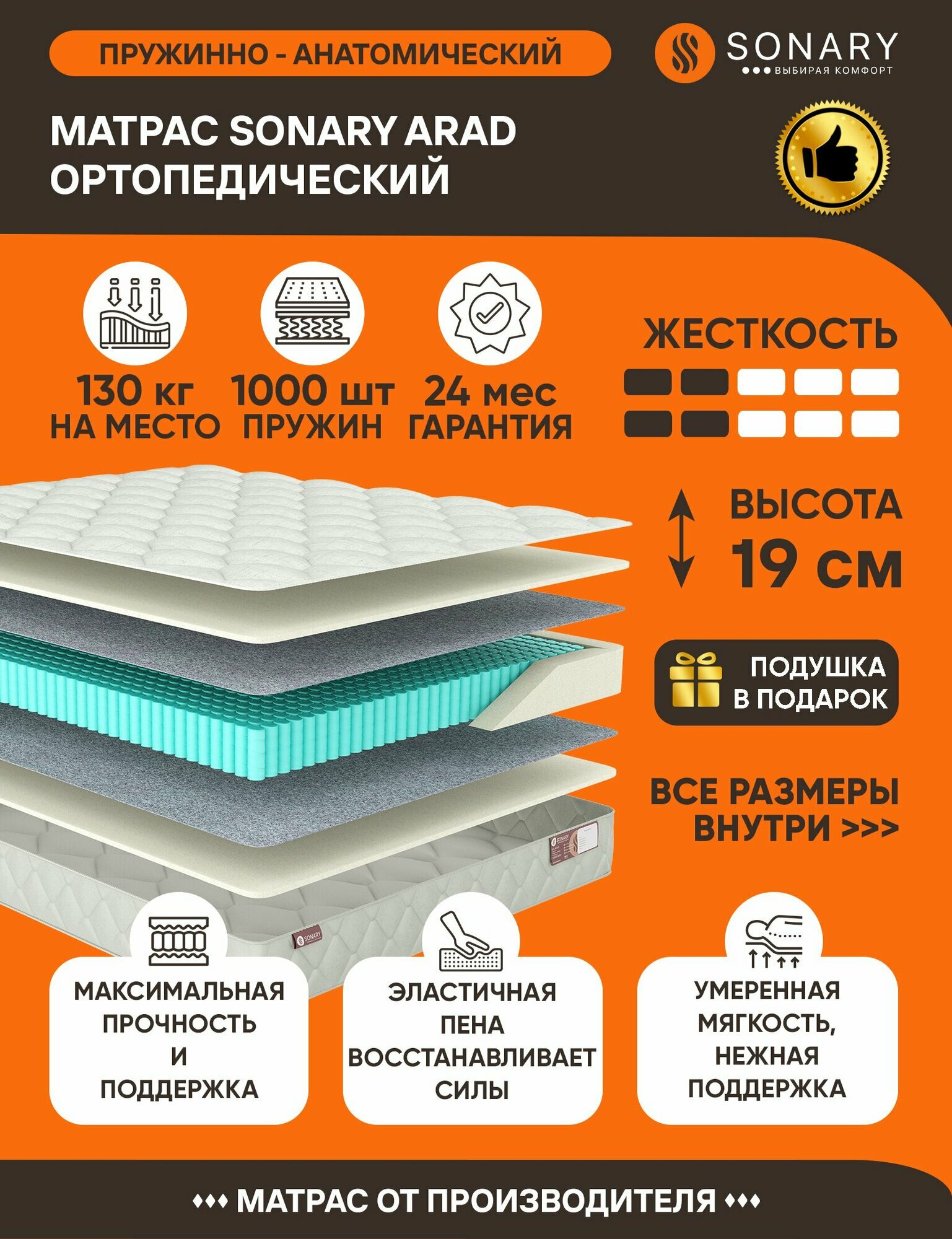 Матрас Sonary Arad 90х150 серии Flow высота 19 см анатомический средней жесткости Независимые пружины