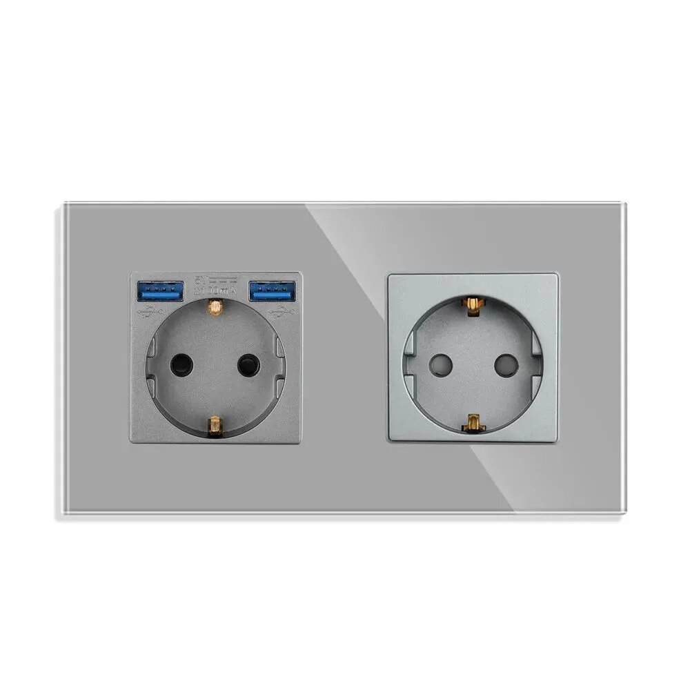 Розетка 2 поста с 2 USB-портами, 16А 110-250В, с заземлением и защитных шторок, серый