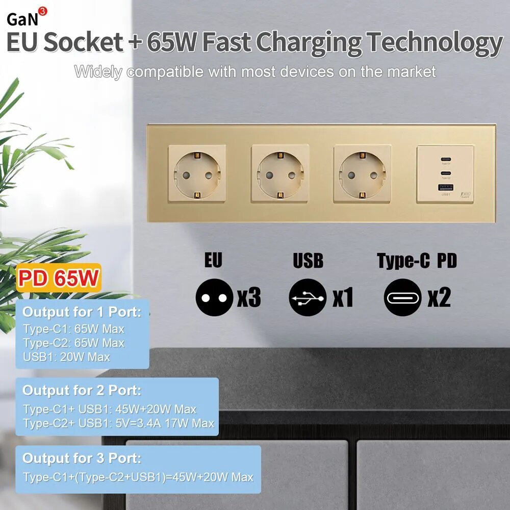 Розетка электрическая с 2 GaN PD 65W USB/Type-C быстрая зарядка и 1 USB-A и 3 розеткой EU 220V, 4 поста , цвет золото,1шт