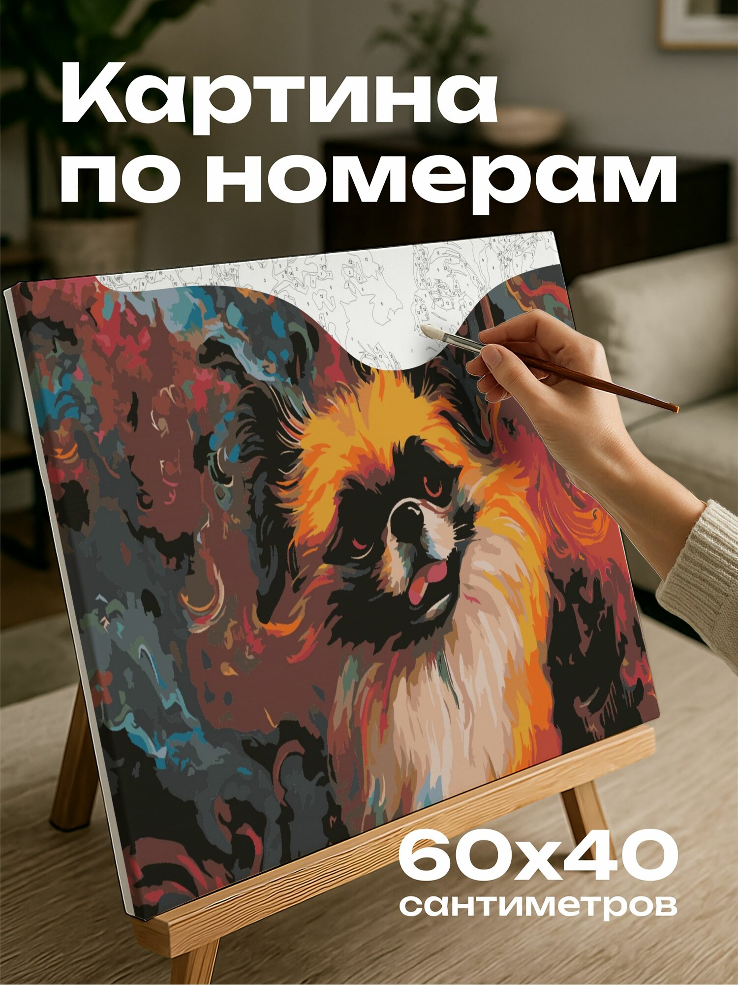 Картина по номерам 60x40 см, масляная картина, пекинес, собака, центральная фигура, аура процветания, удача