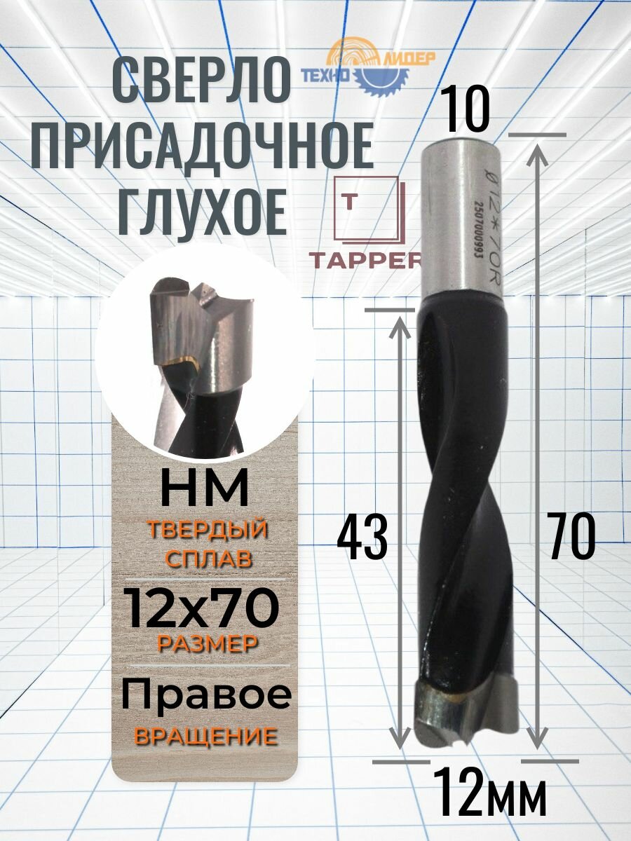Сверло глухое присадочное 12х70 R (правое) S10x20 G12070R Tapper по ЛДСП, МДФ, дереву