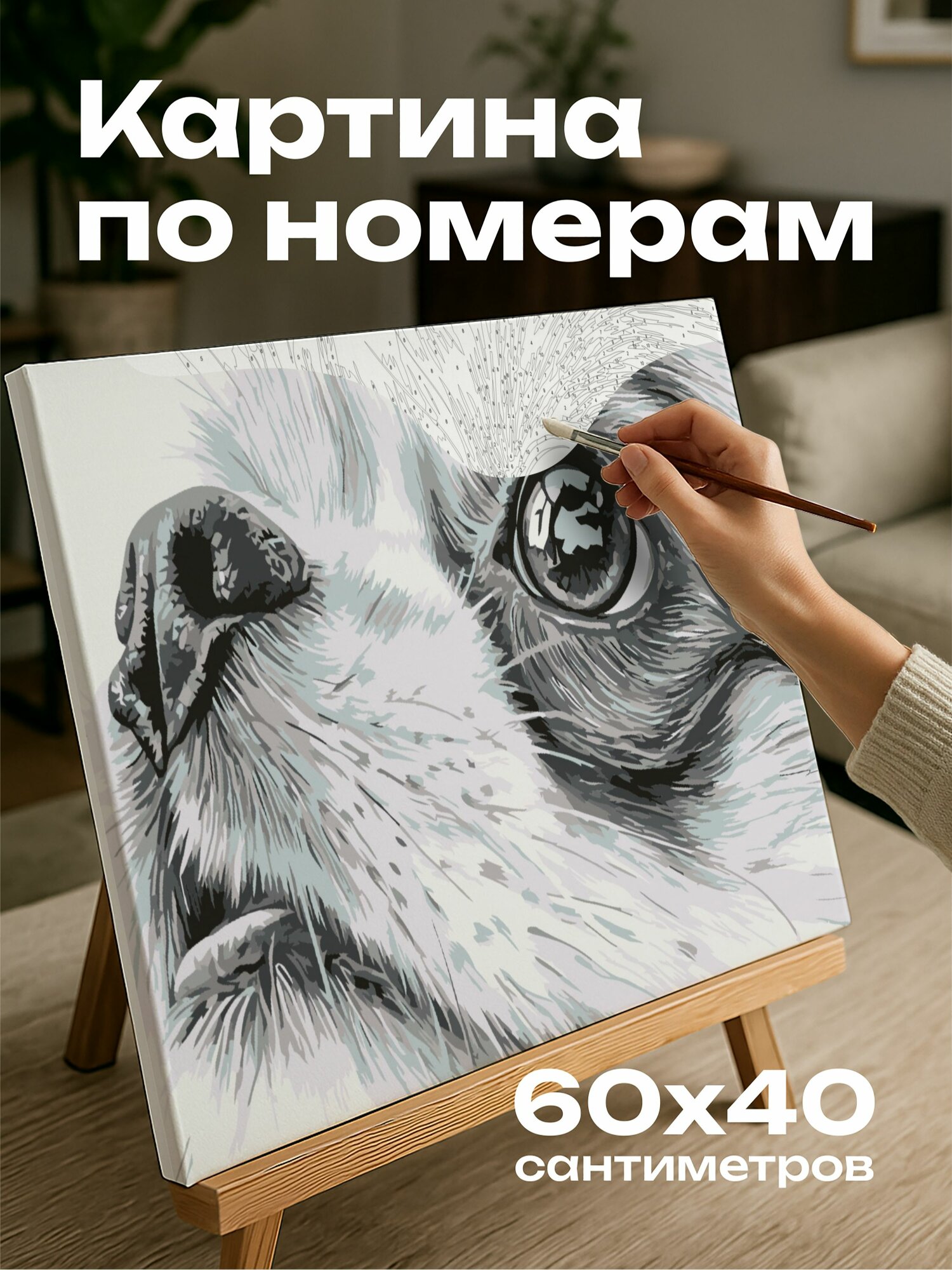 Картина по номерам 60x40 см, карандашный рисунок, собака породы пекинес, традиционный китайский до, детали