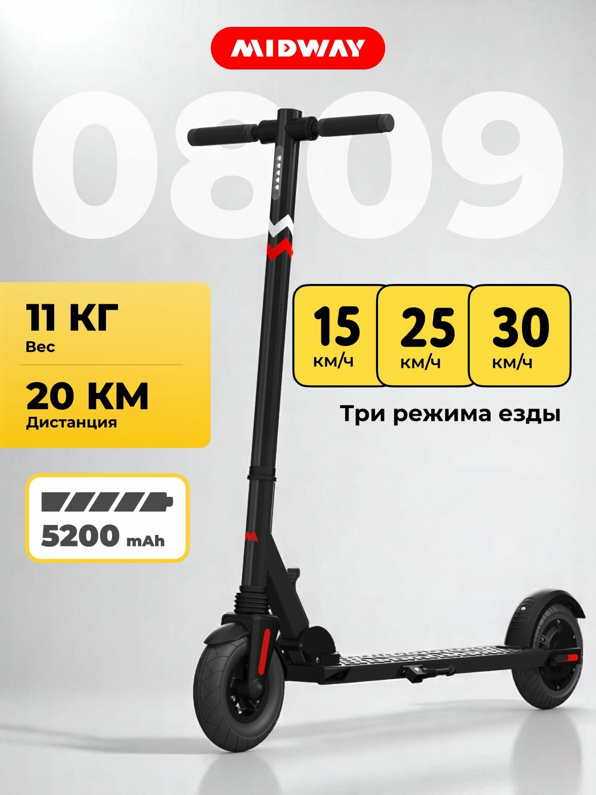 Электросамокат MIDWAY 0809 самокат электрический взрослый и подростковый, черный
