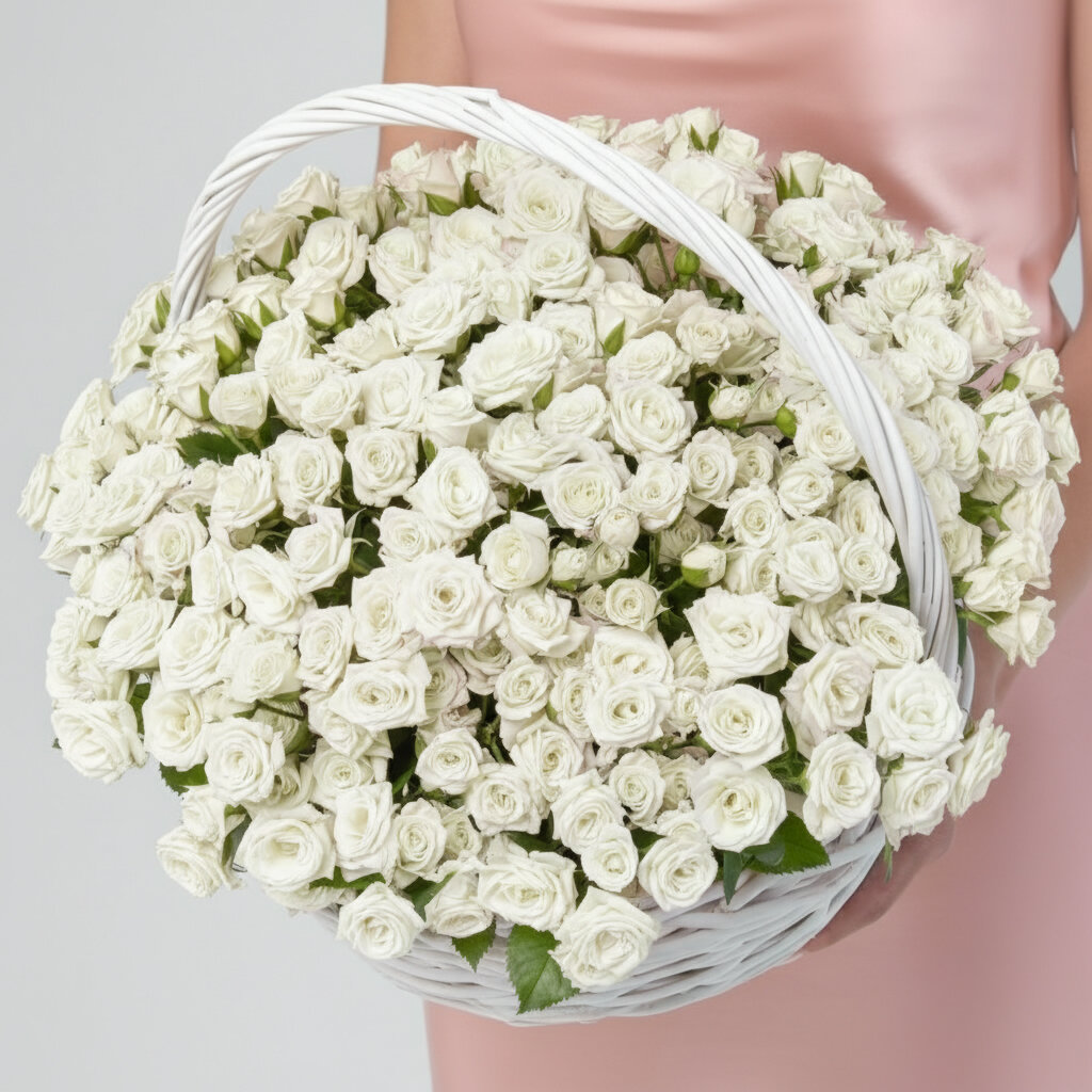 Букет Мегацвет24 "Сноуфлейк", 51 белая кустовая роза, сборка в корзине