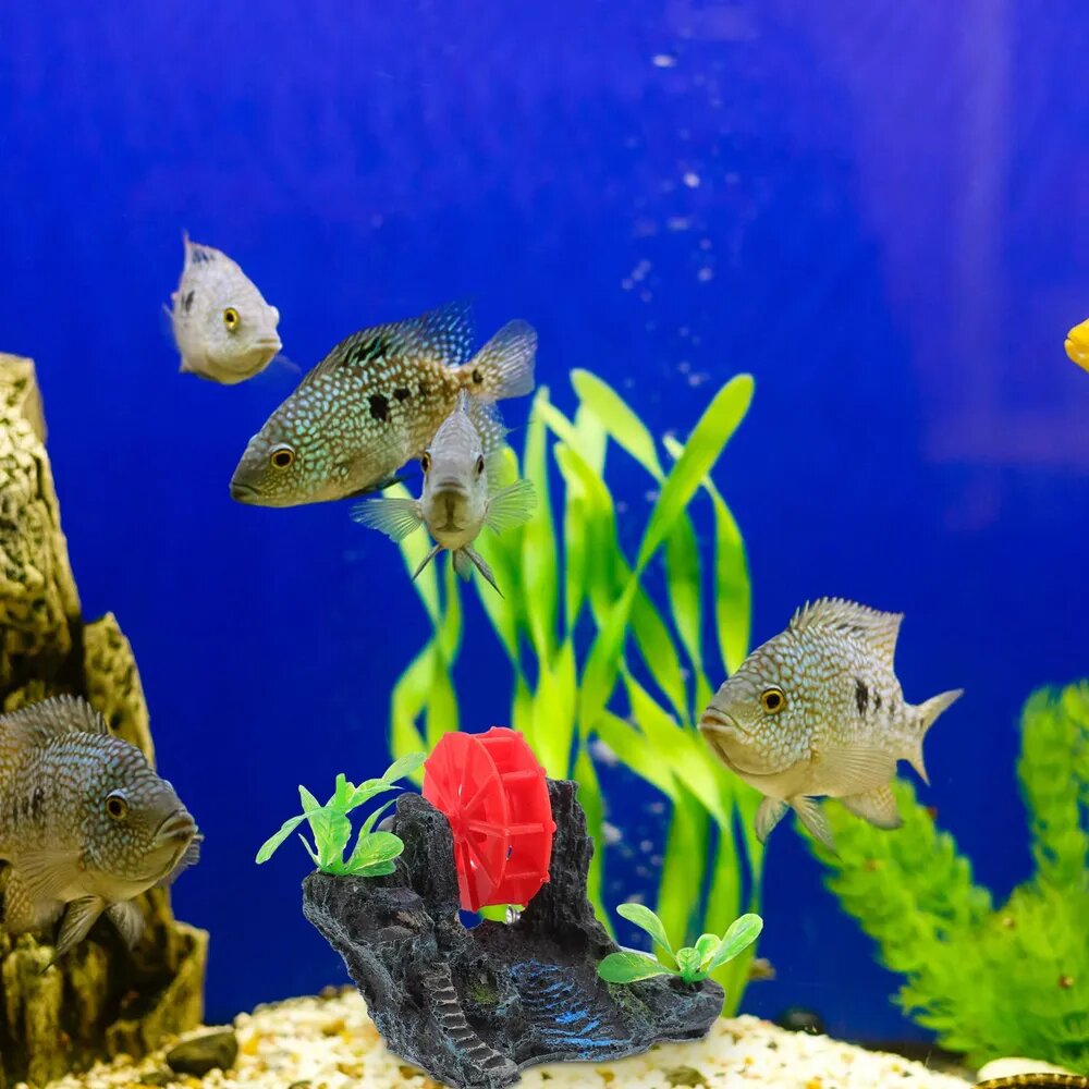 Смоляная декоративная скала с водяным колесом для аквариума, имитация природного ландшафта, 2 предмета